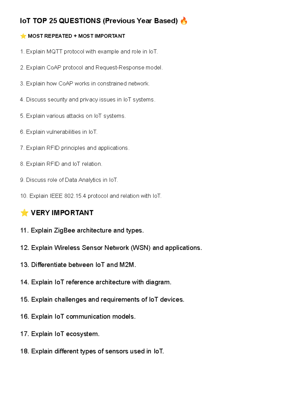 IoT 25 Most Important Questions for Exam Preparation - Studocu