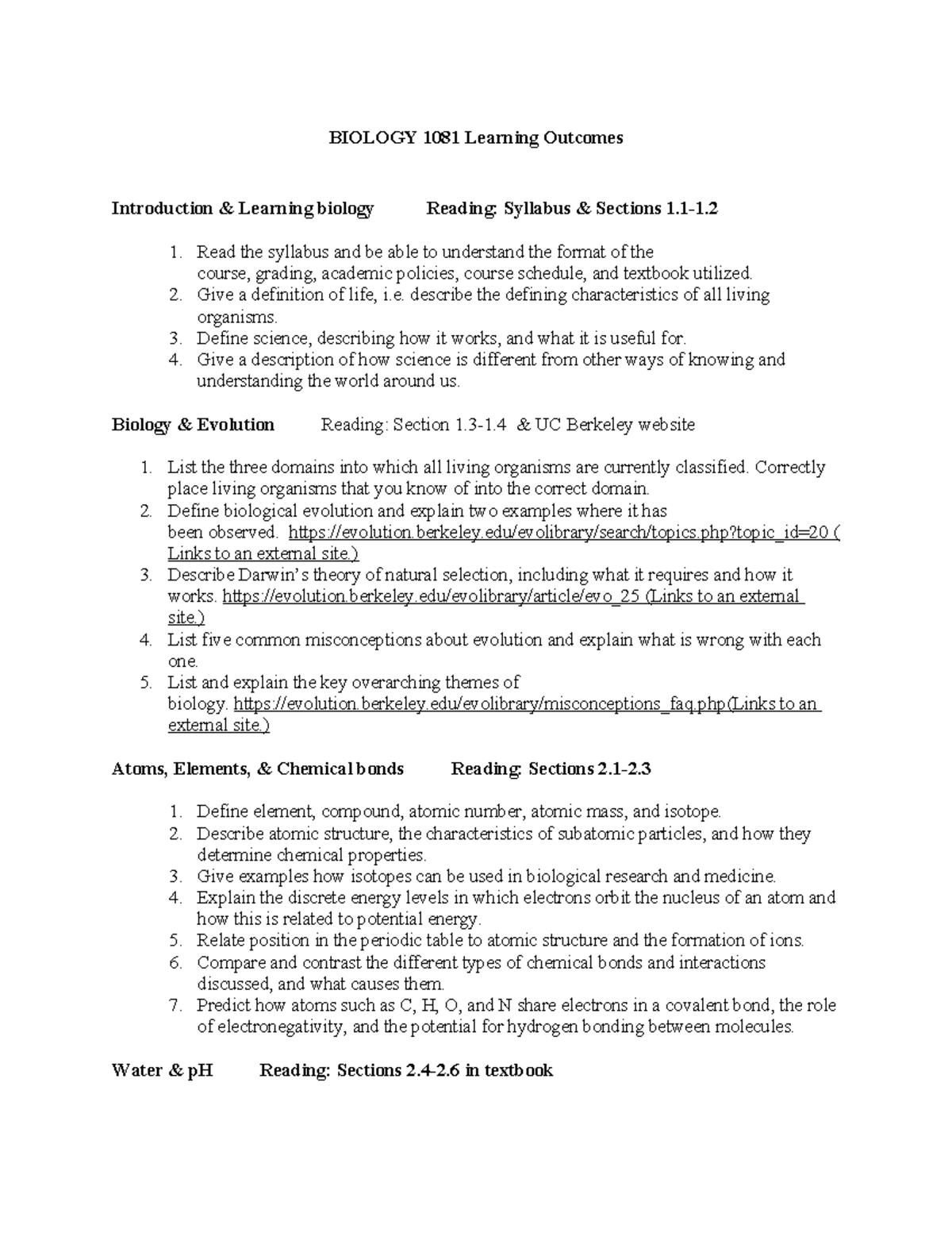 BIOL 1081 - Comprehensive Learning Outcomes Overview - Studocu