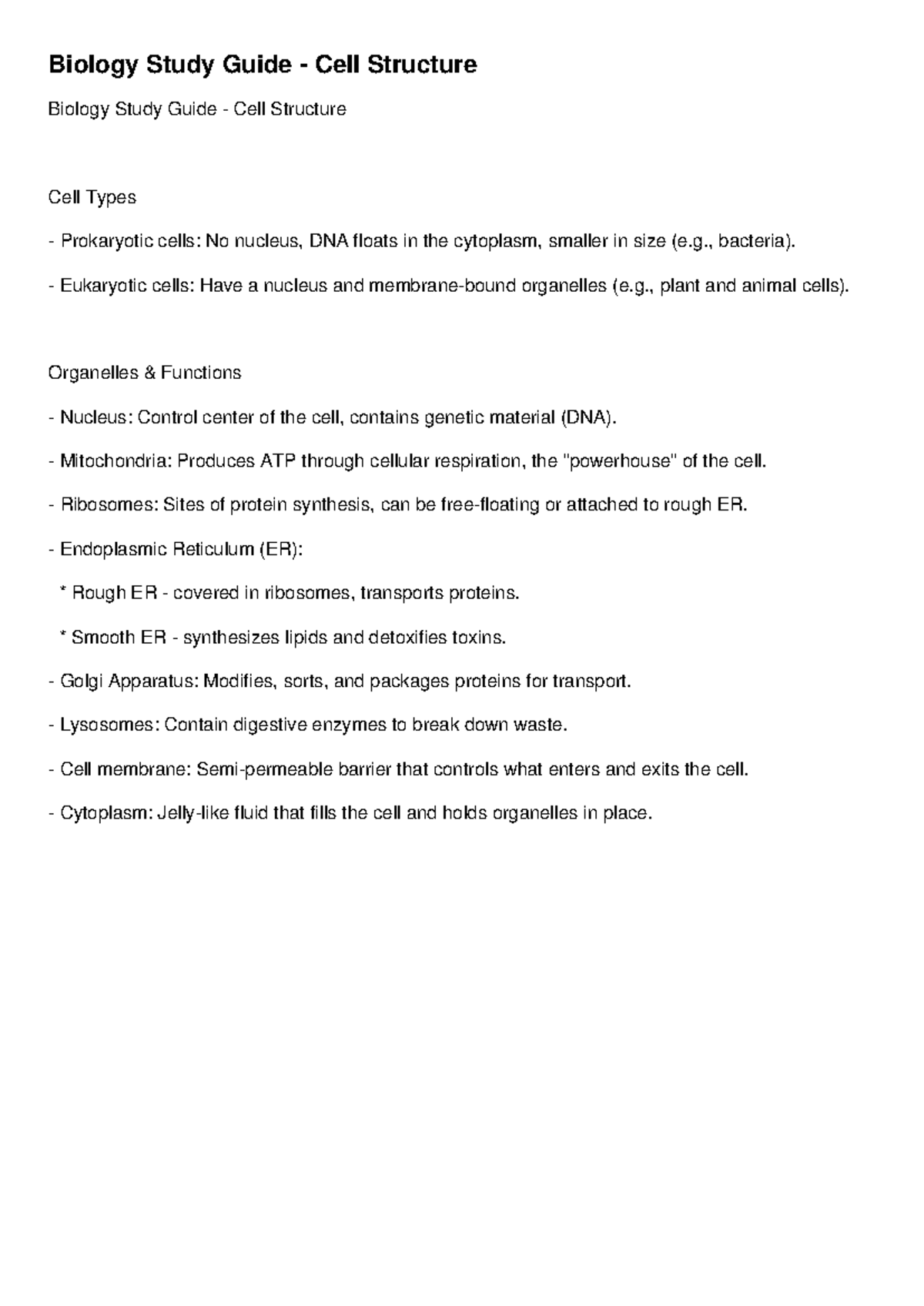 Biology Study Guide: Cell Structure & Functions - Studocu