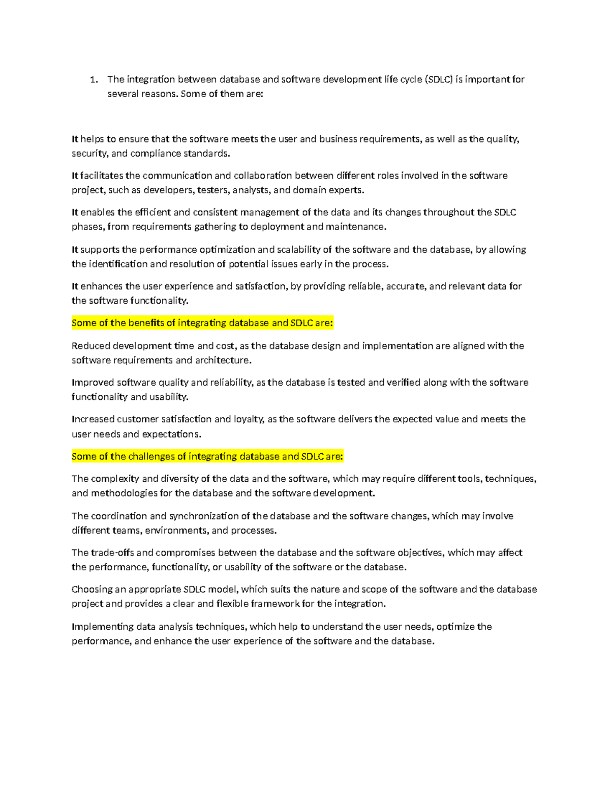 SDLC Integration: Enhancing Database and Software Development Quality - Studocu