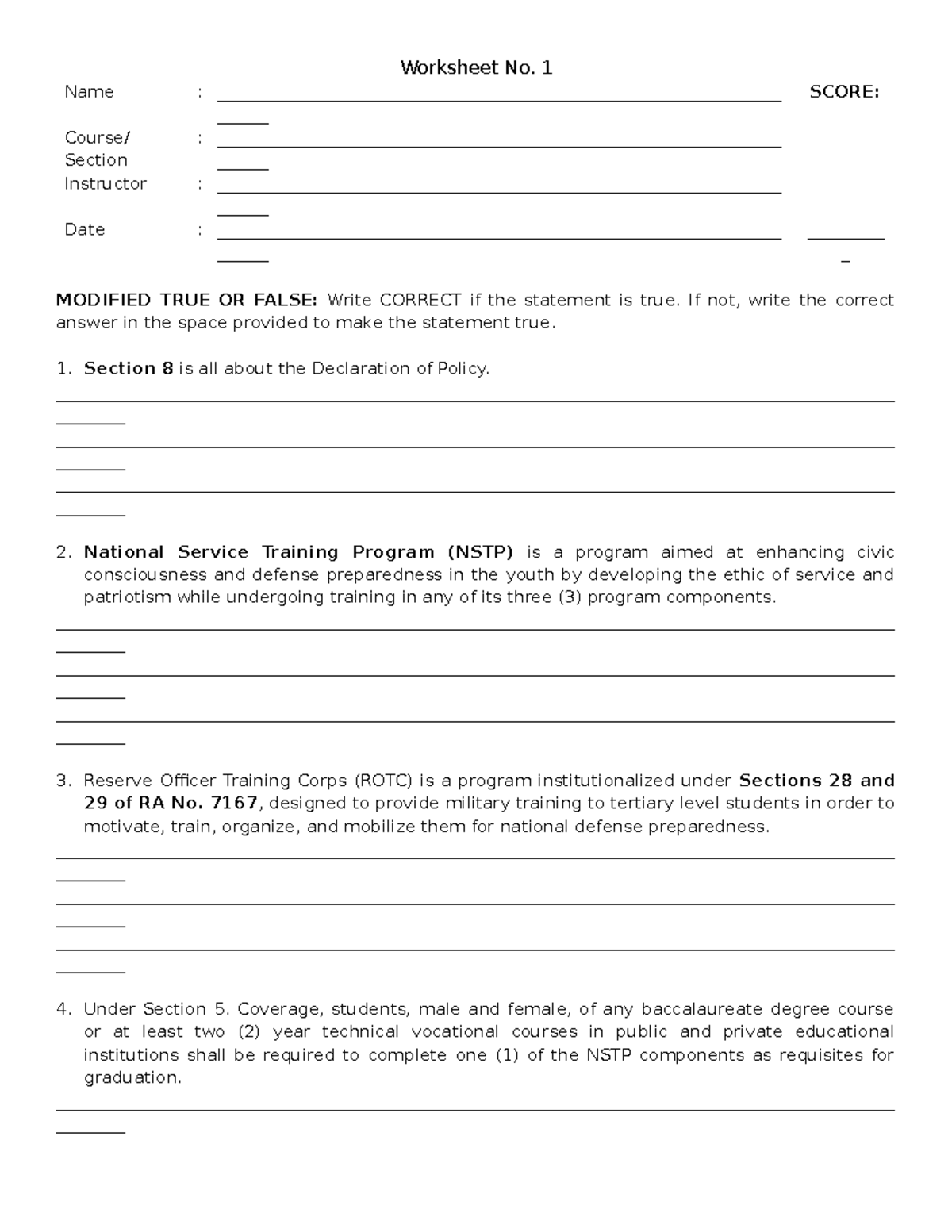 NSTP 101: Modified True or False Worksheet on National Service Training ...
