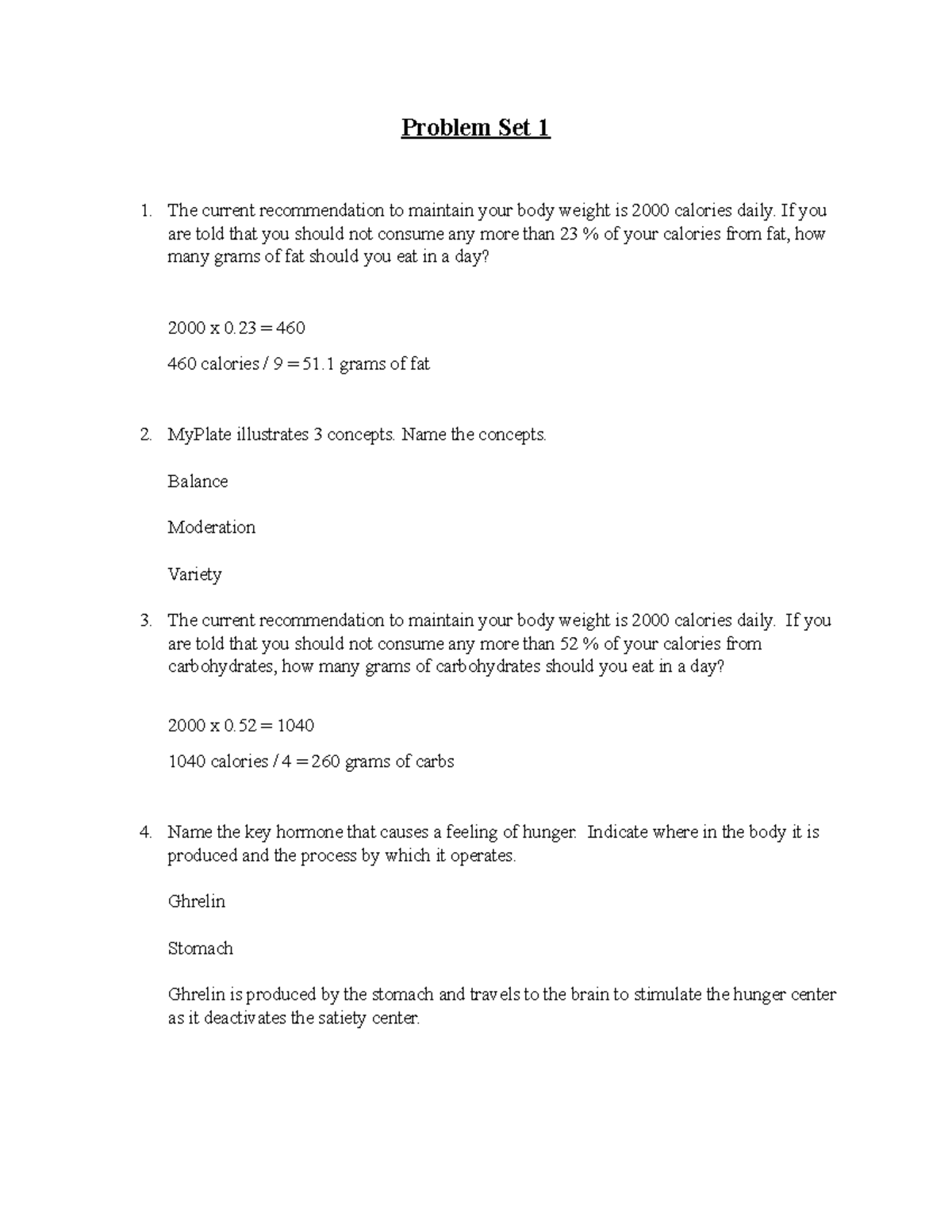 Nutritional Science Problem Set 1: Key Concepts & Calculations - Studocu