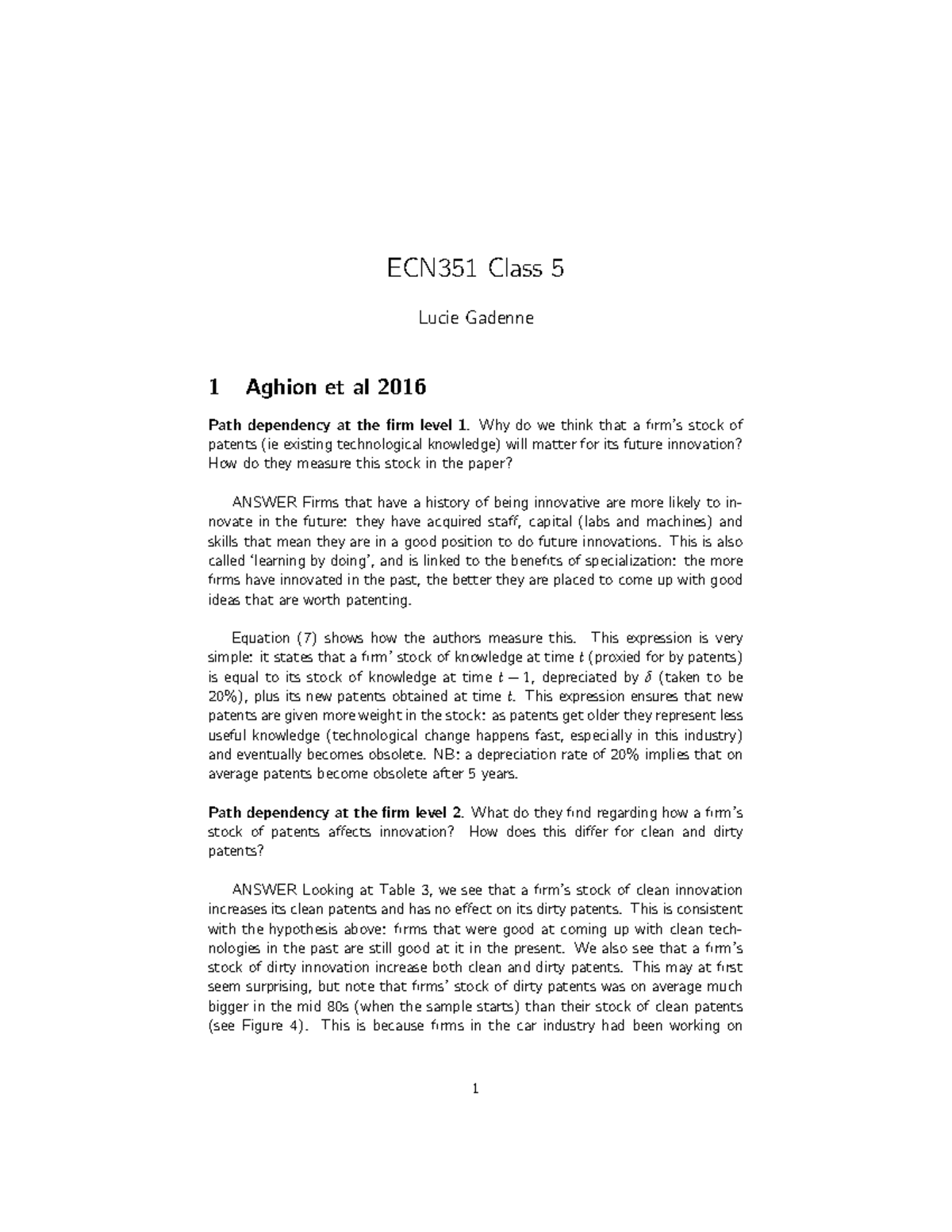 ECN351 Class 5: Path Dependency and Innovation Dynamics - Studocu