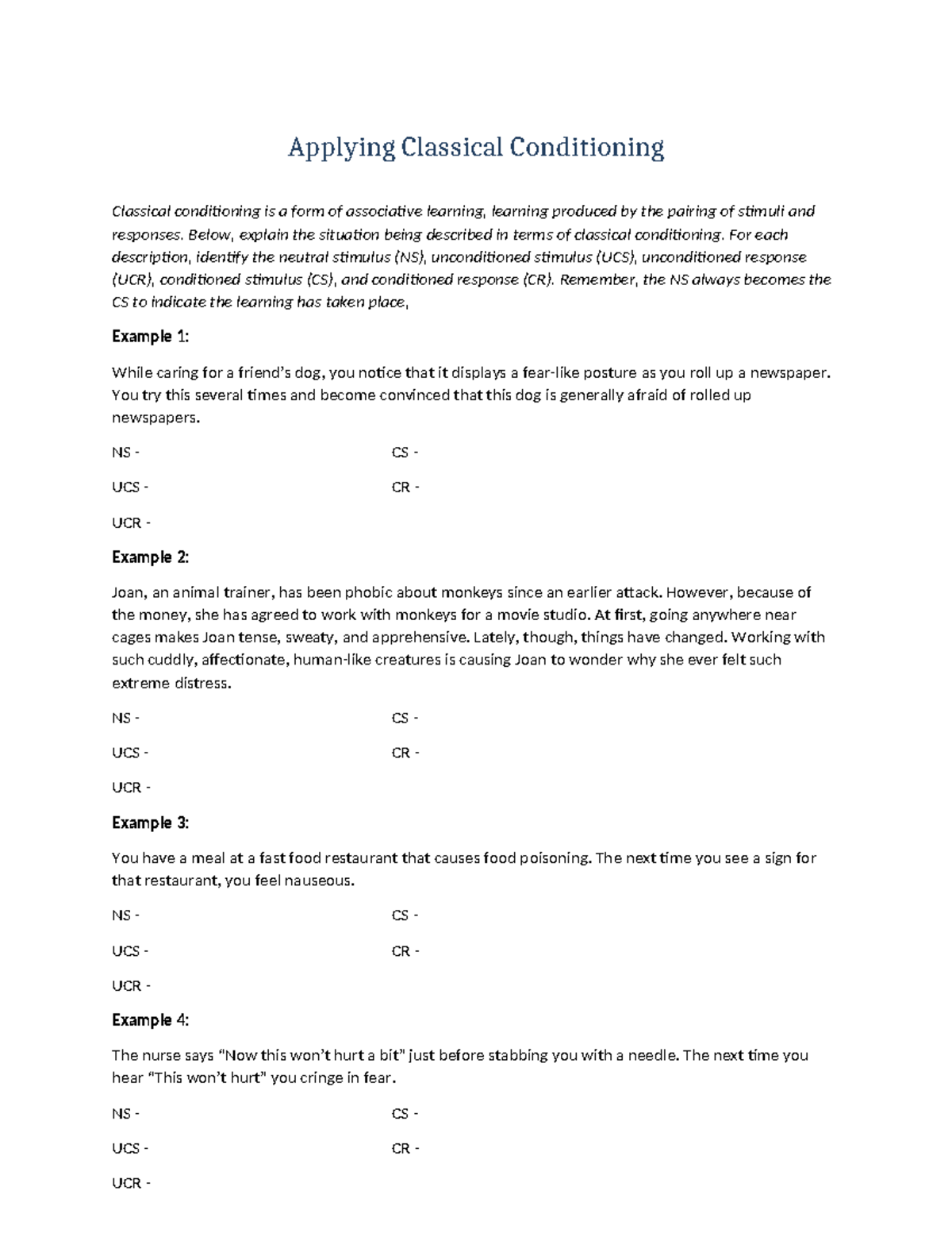 Psy 110 Classical Conditioning Assignment Analyzing Examples Studocu