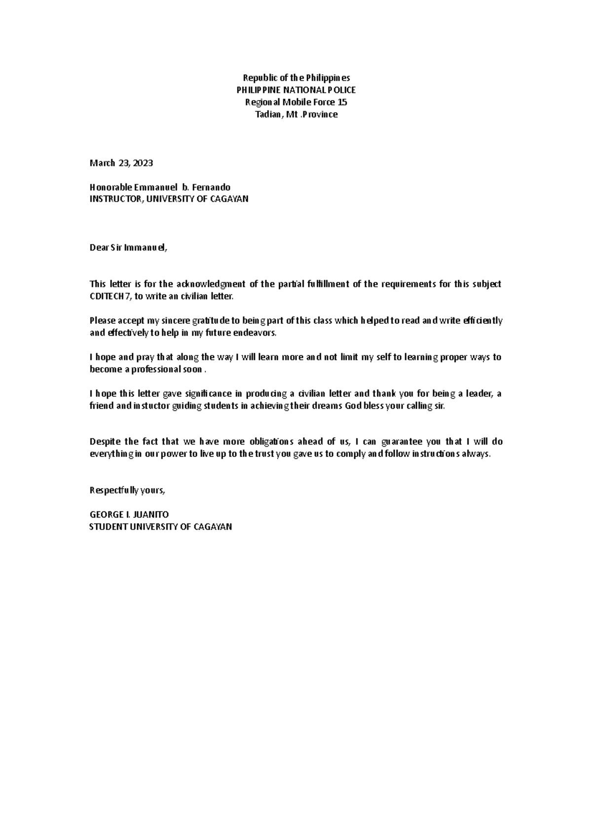 CDITECH7: Acknowledgment of Civilian Letter Requirements - Studocu