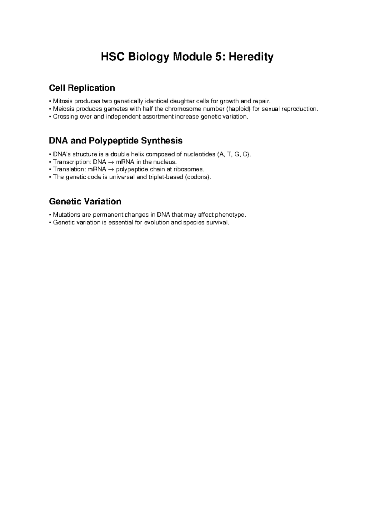 HSC Biology Module 5 Heredity - HSC Biology Module 5: Heredity Cell Replication • Mitosis ...