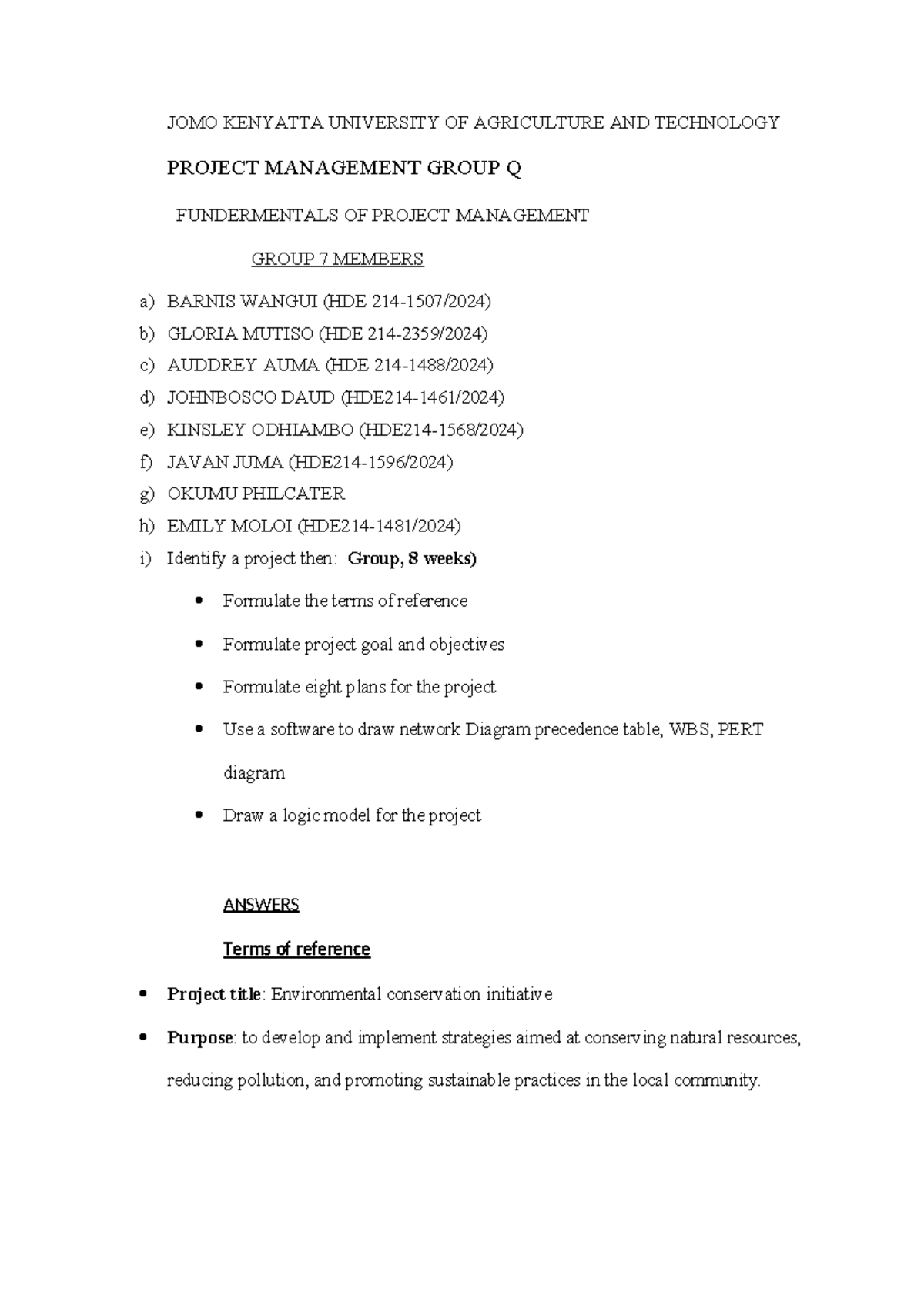 Answers for week 8 project management assignment - JOMO KENYATTA ...
