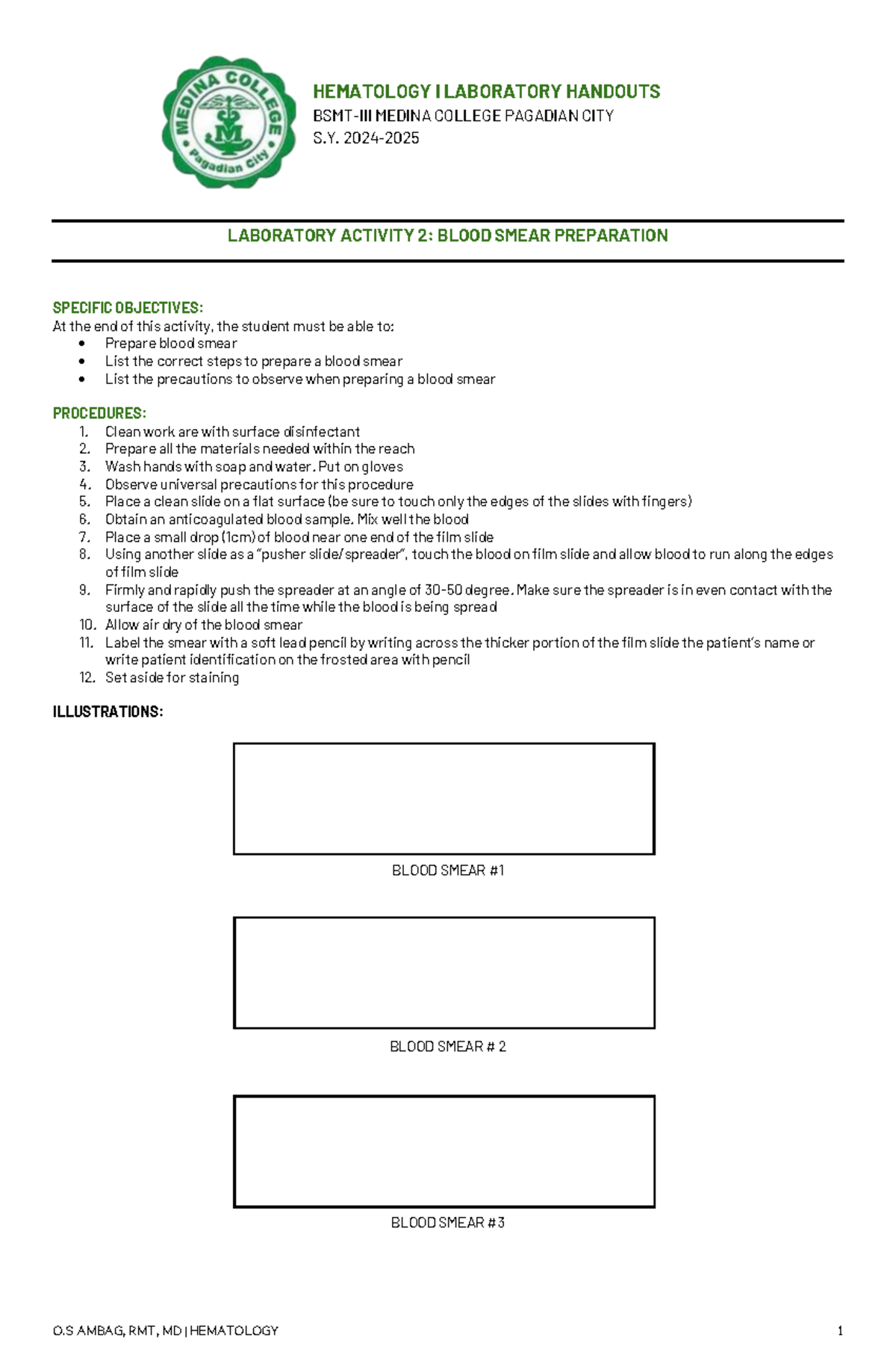 HEMATOLOGY I Lab Activity 2: Blood Smear Preparation Guide - Studocu
