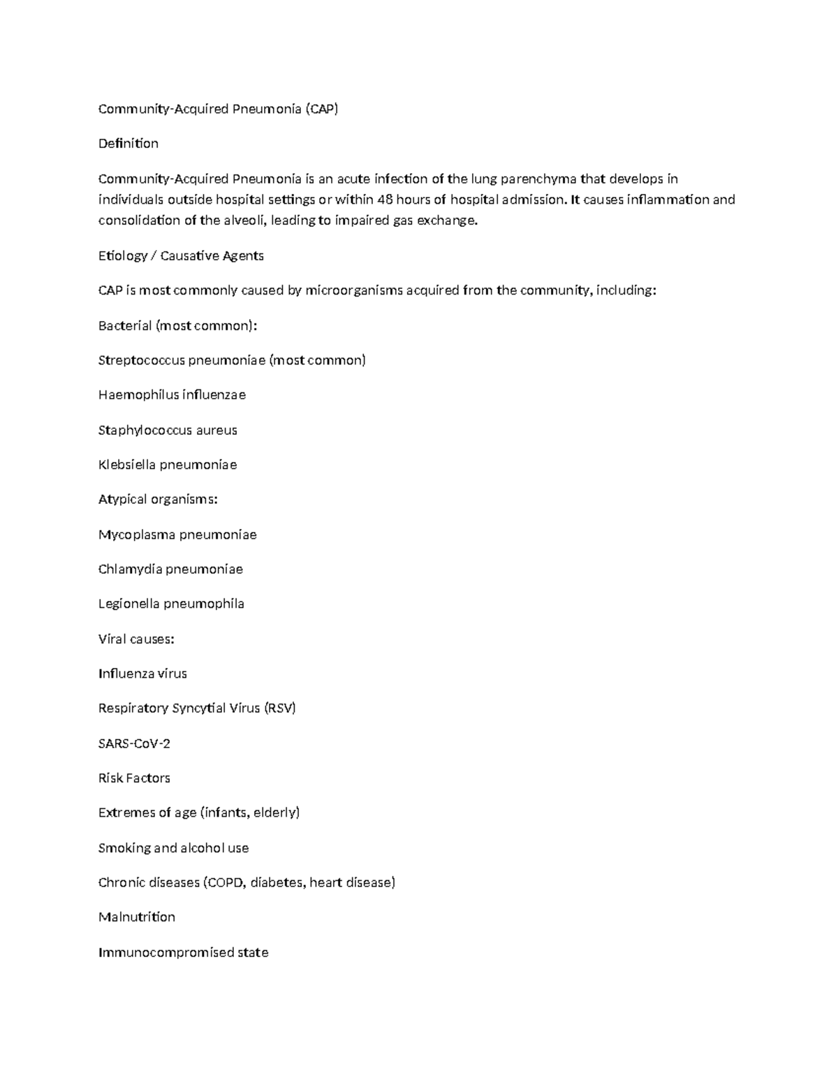Community Acquired Pneumonia (CAP) Overview and Management - Studocu
