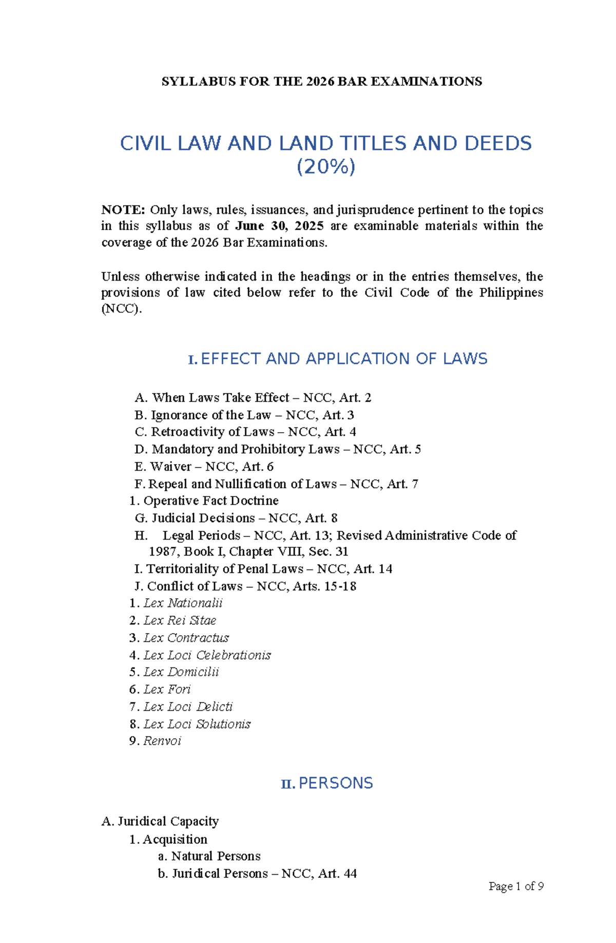 2026 BAR Exam Syllabus: Civil Law, Land Titles & Deeds - Studocu