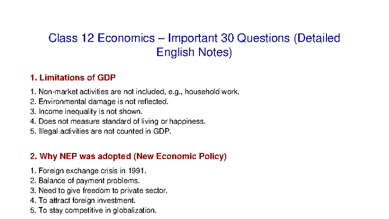 Class 12 Economics Important 30 Questions - Detailed Notes - Studocu