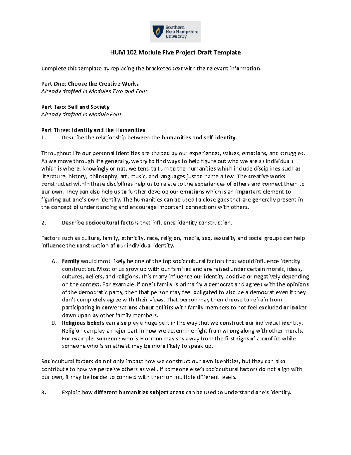 HUM 102 Module Five Project Draft: Exploring Identity & Humanities ...