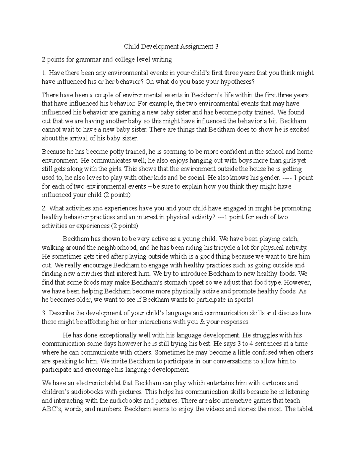 Child Development Assignment 3: Observations on Beckham's Growth - Studocu