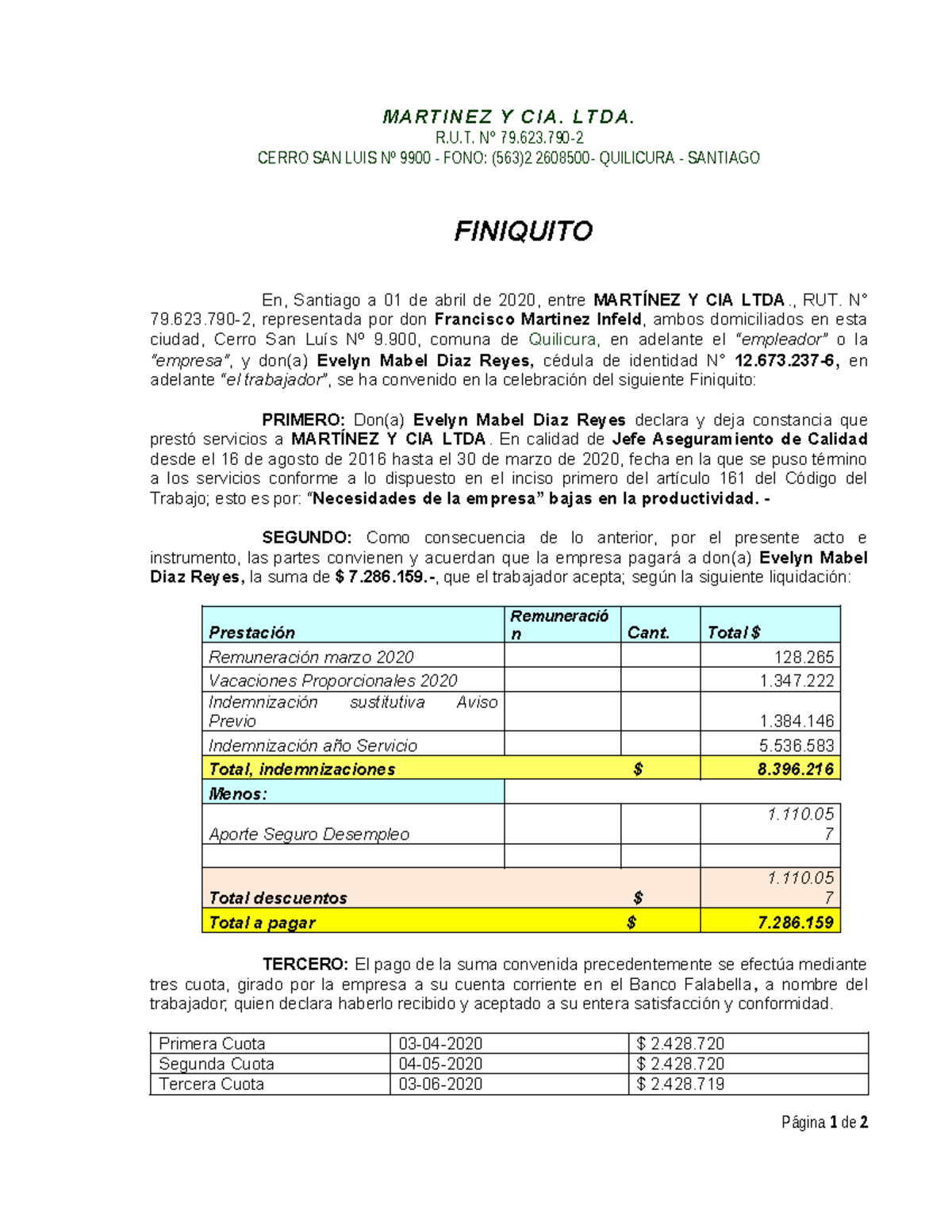 Finiquito Formato Art 161 N° 1 - Necesidades de la Empresa - Studocu