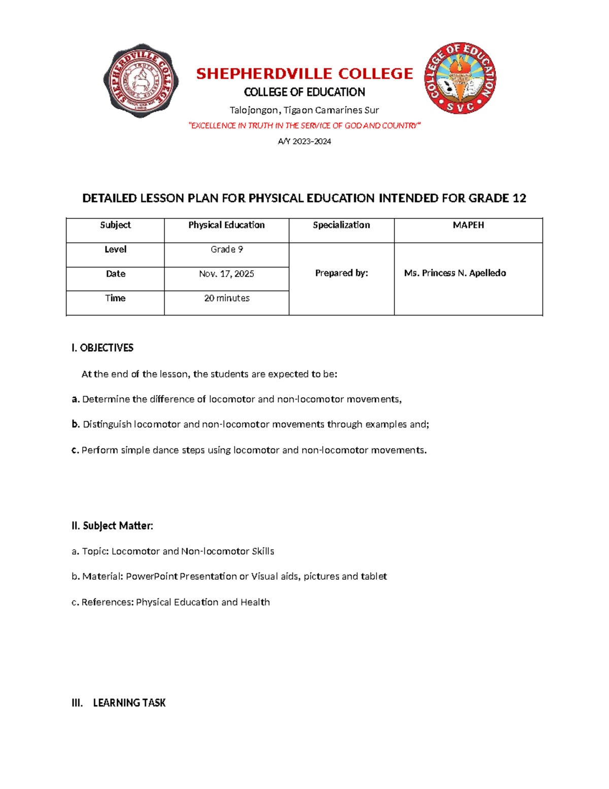DLP - Physical Education Grade 12: Locomotor & Nonlocomotor Movements ...