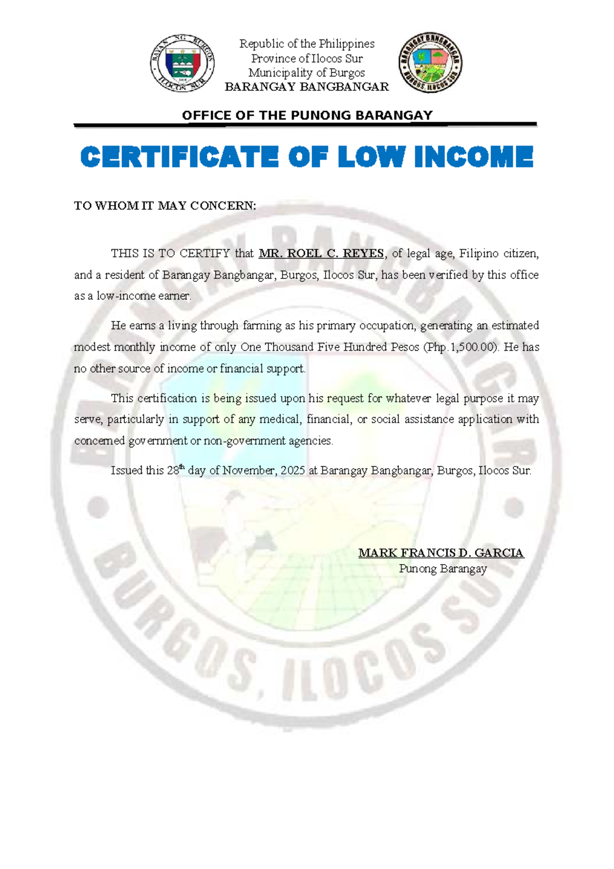 Certificate of Low Income and Indigency - Barangay Bangbangar - Studocu