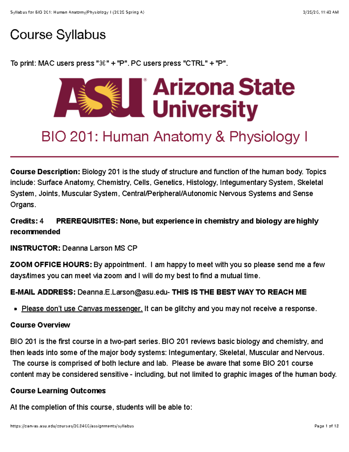 Syllabus for BIO 201: Human Anatomy & Physiology I (Spring 2025) - Studocu
