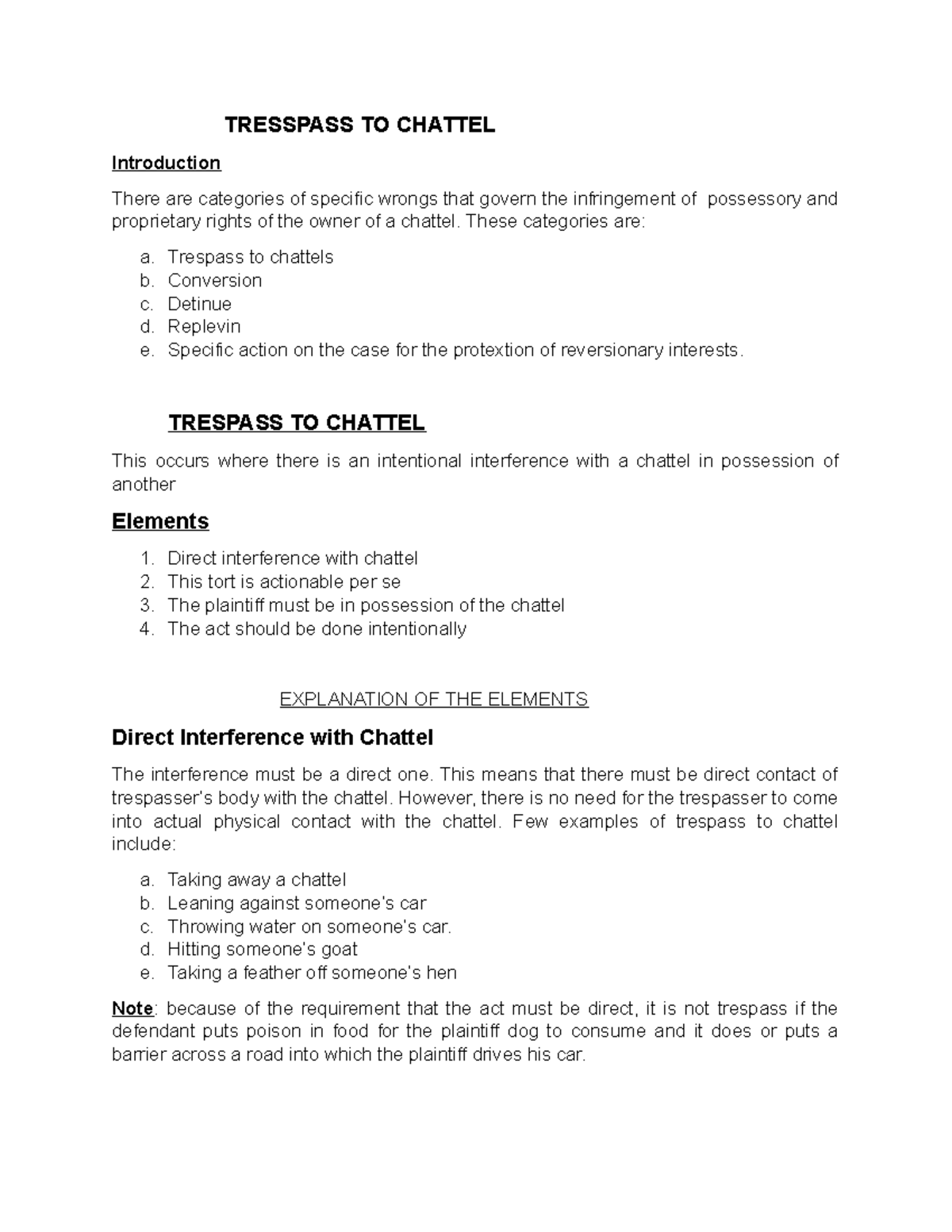 Tresspass TO Chattel- simple notes - TRESSPASS TO CHATTEL Introduction ...