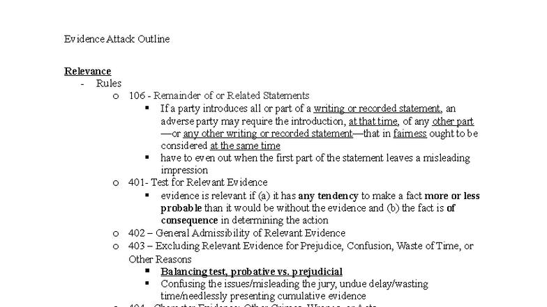 Evidence Attack Outline: Relevance Rules and Admissibility (LAW 106 ...