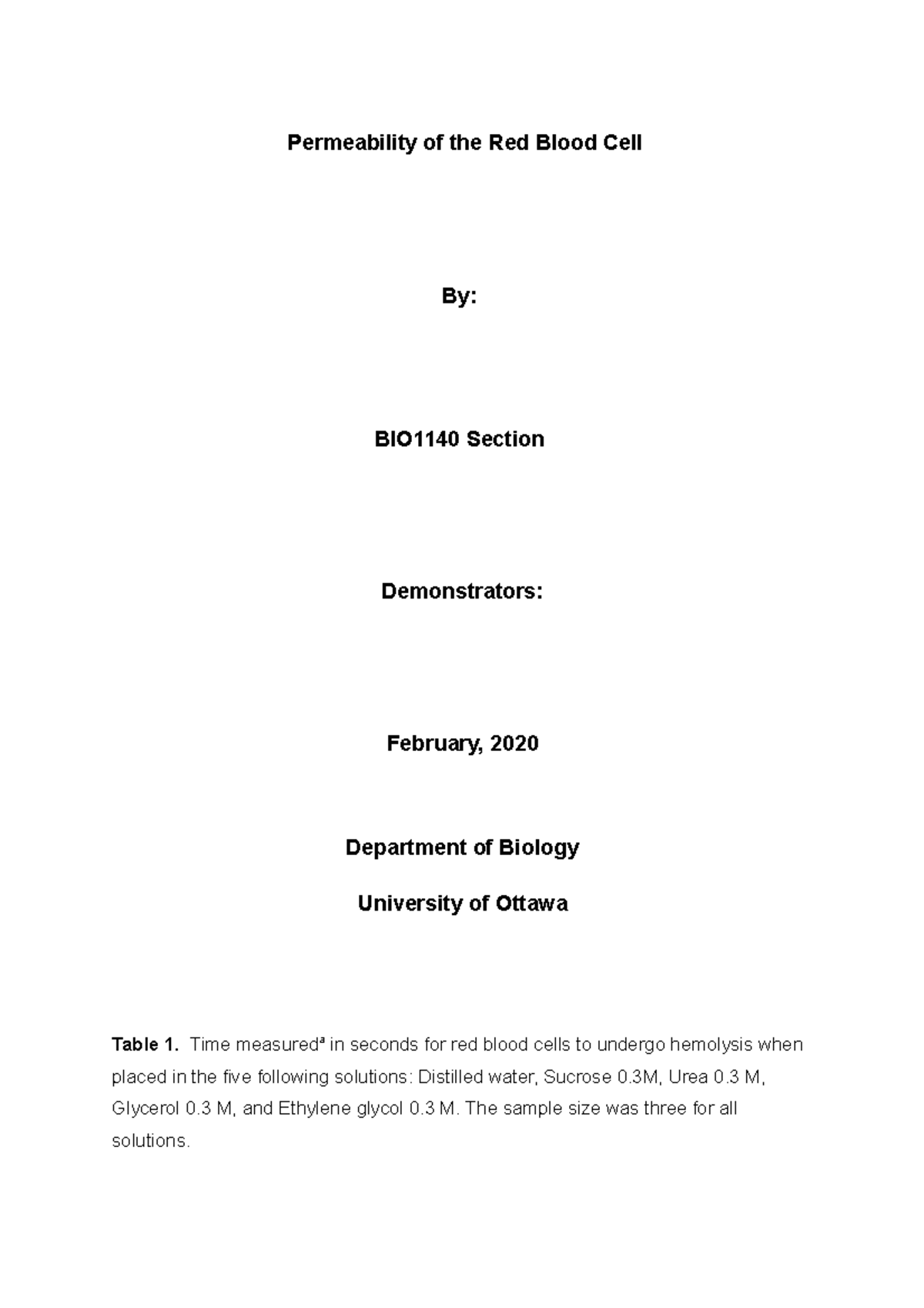 BIO1140 Lab Report: Permeability of Red Blood Cells and Solute ...