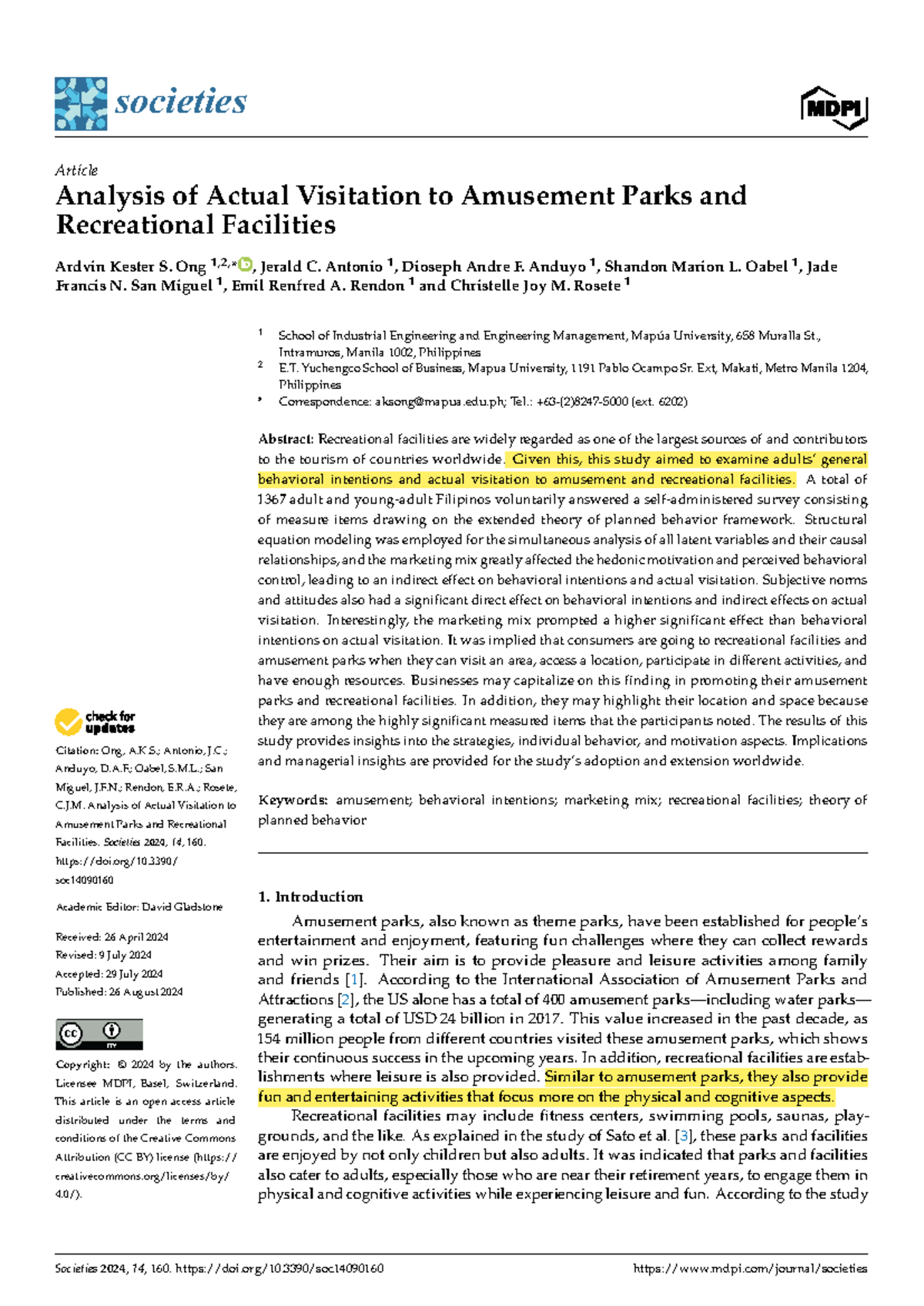 Analysis of Actual Visitation to Amusement Parks and Recreational ...