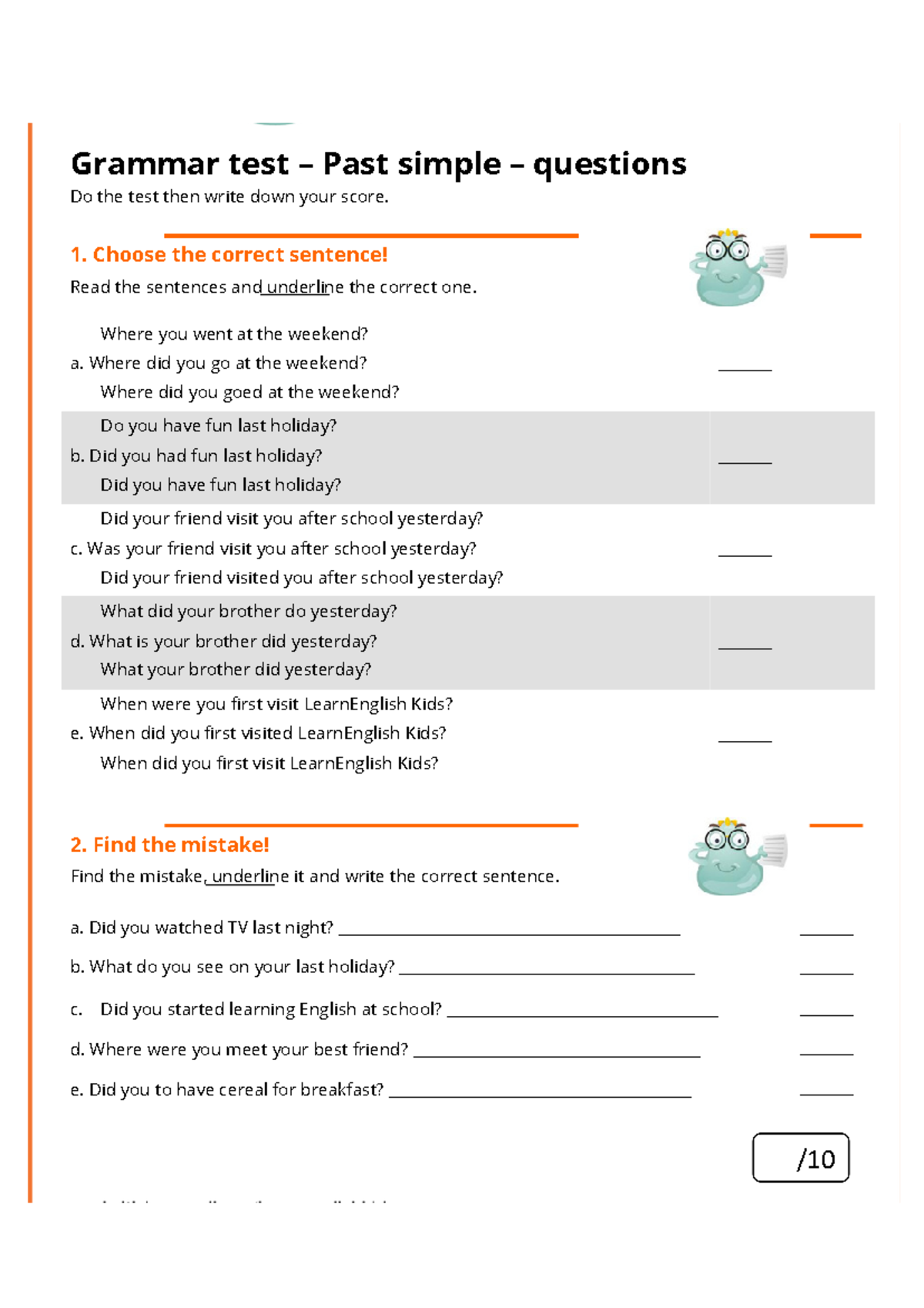 Grammar practice past simple questions - Grammar test – Past simple ...