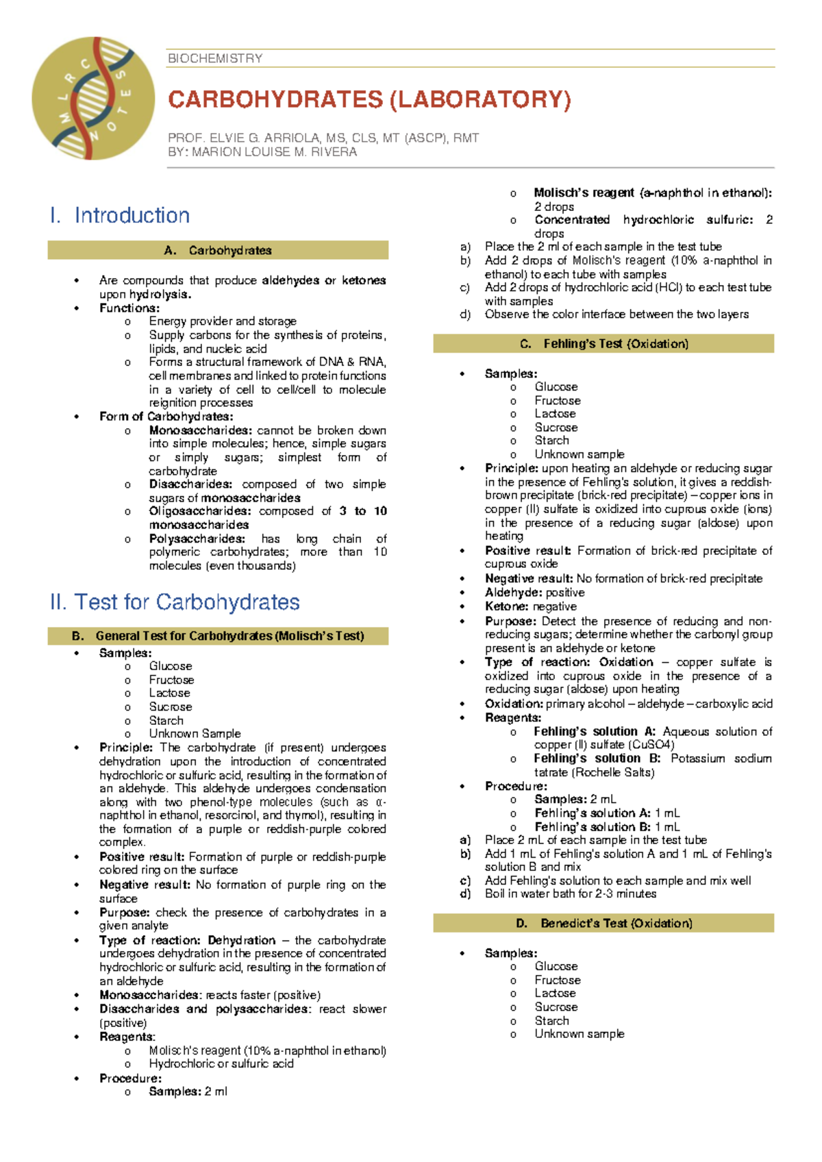 Carbohydrates Laboratory Overview and Tests (BIOCHEM 101) - Studocu
