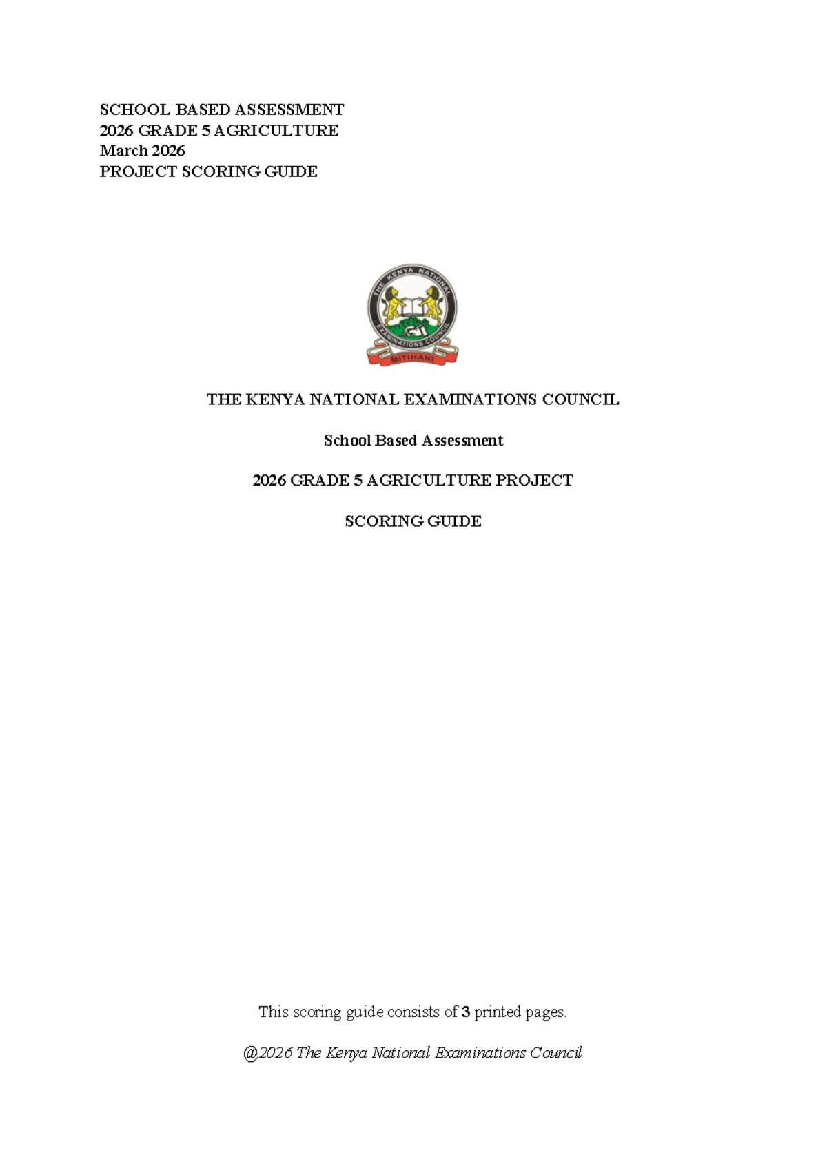 2026 GRADE 5 AGRICULTURE SCHOOL BASED ASSESSMENT SCORING GUIDE - Studocu