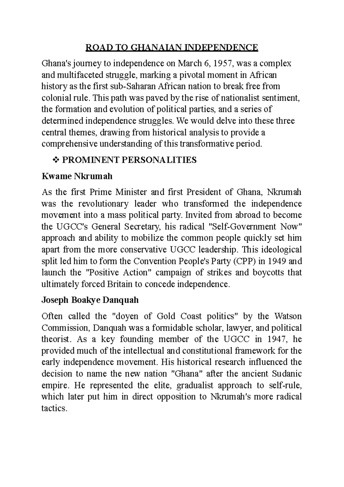 The Road to Ghanaian Independence: Key Events and Figures - Studocu