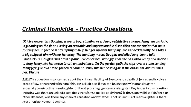 Criminal Law (CL101) - Homicide Practice Questions and Analysis - Studocu