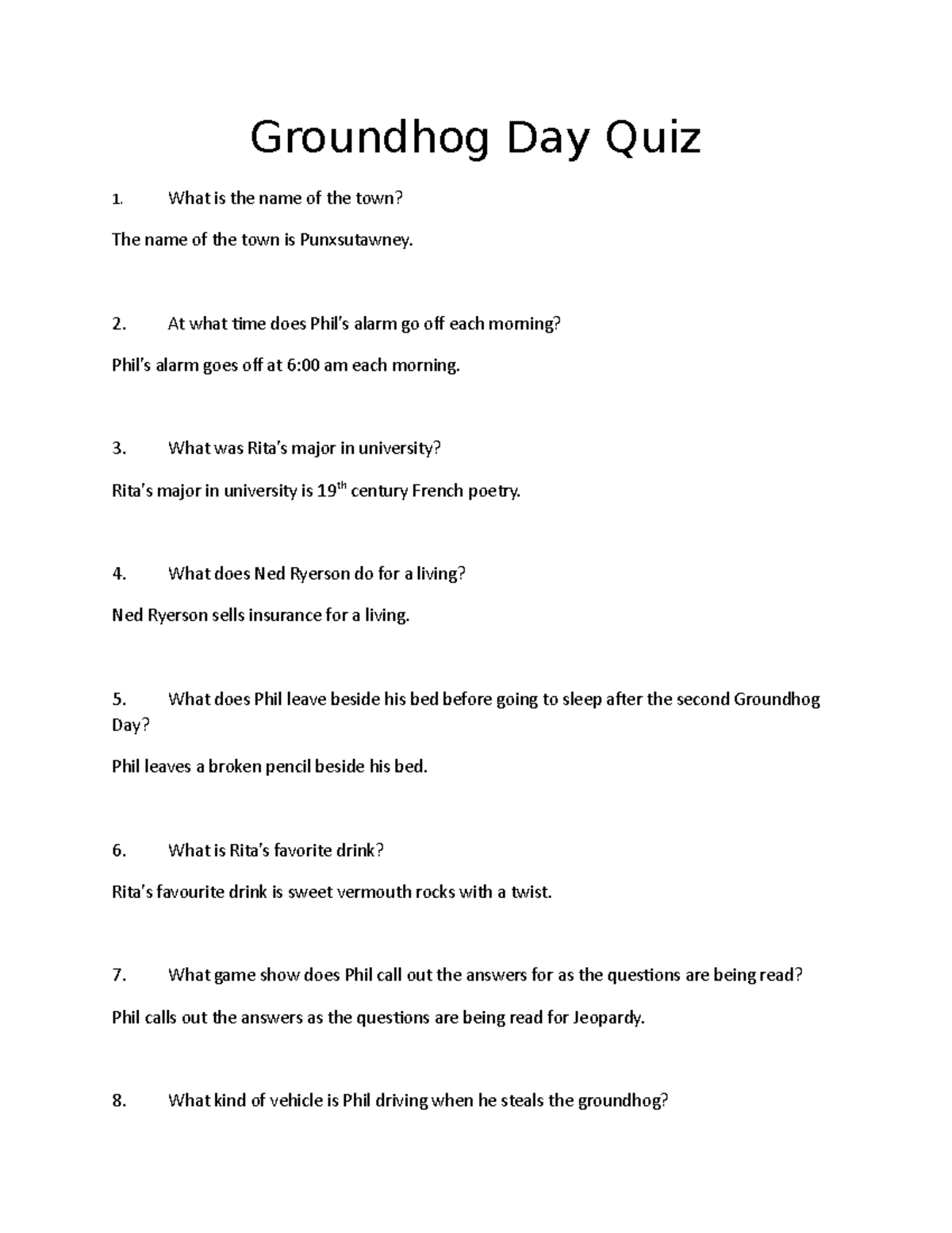 Groundhog Day Quiz - Required Quiz - Groundhog Day Quiz What is the ...