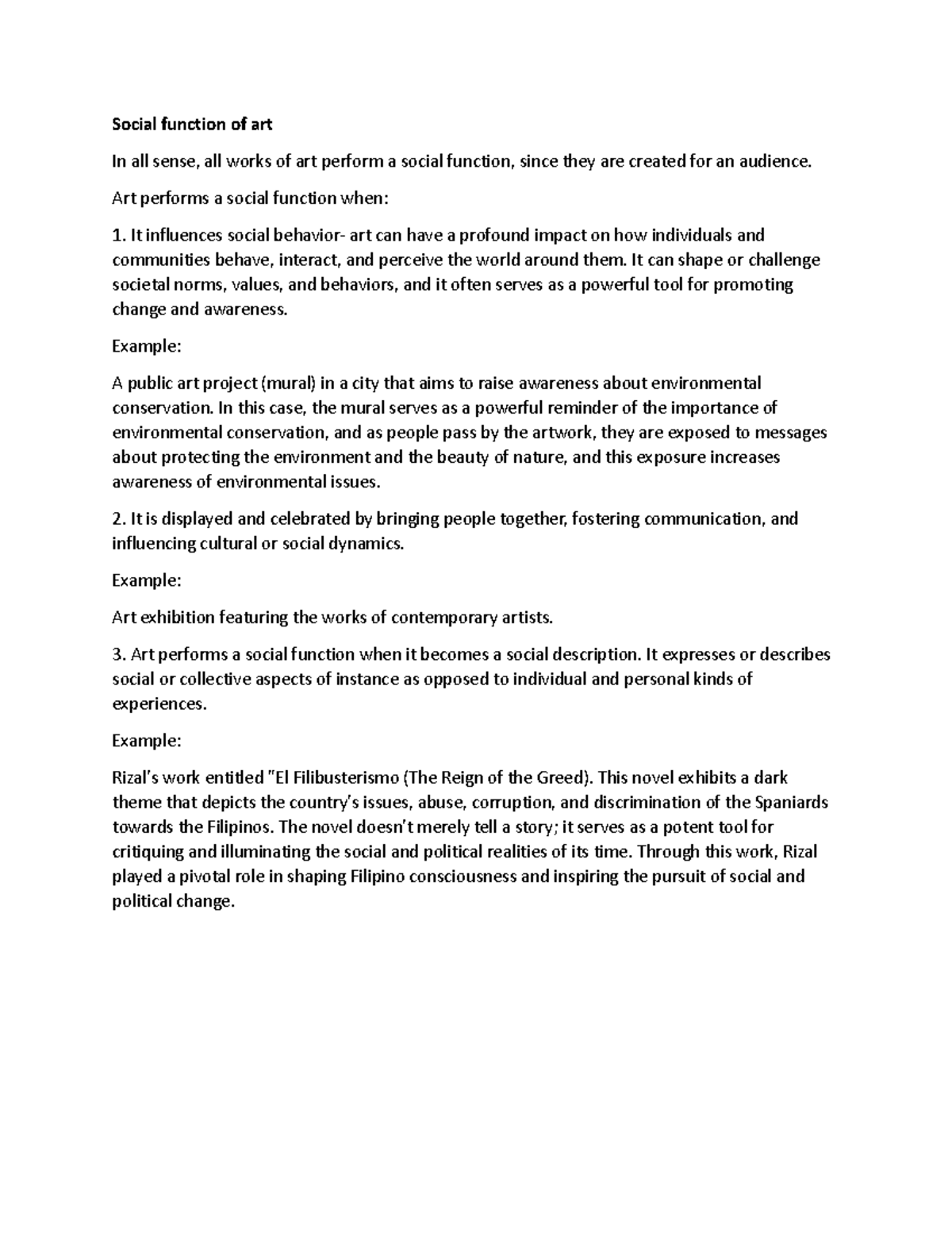 Social Function of Art: Insights and Examples HUM101 - Studocu