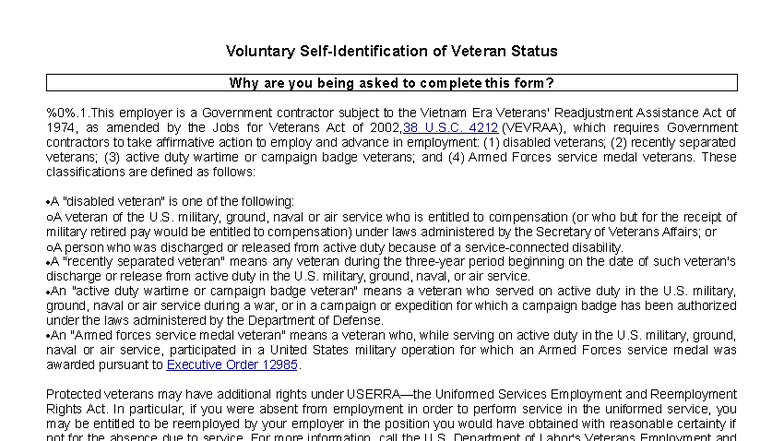 Voluntary Self-Identification of Veteran Status Form - Studocu