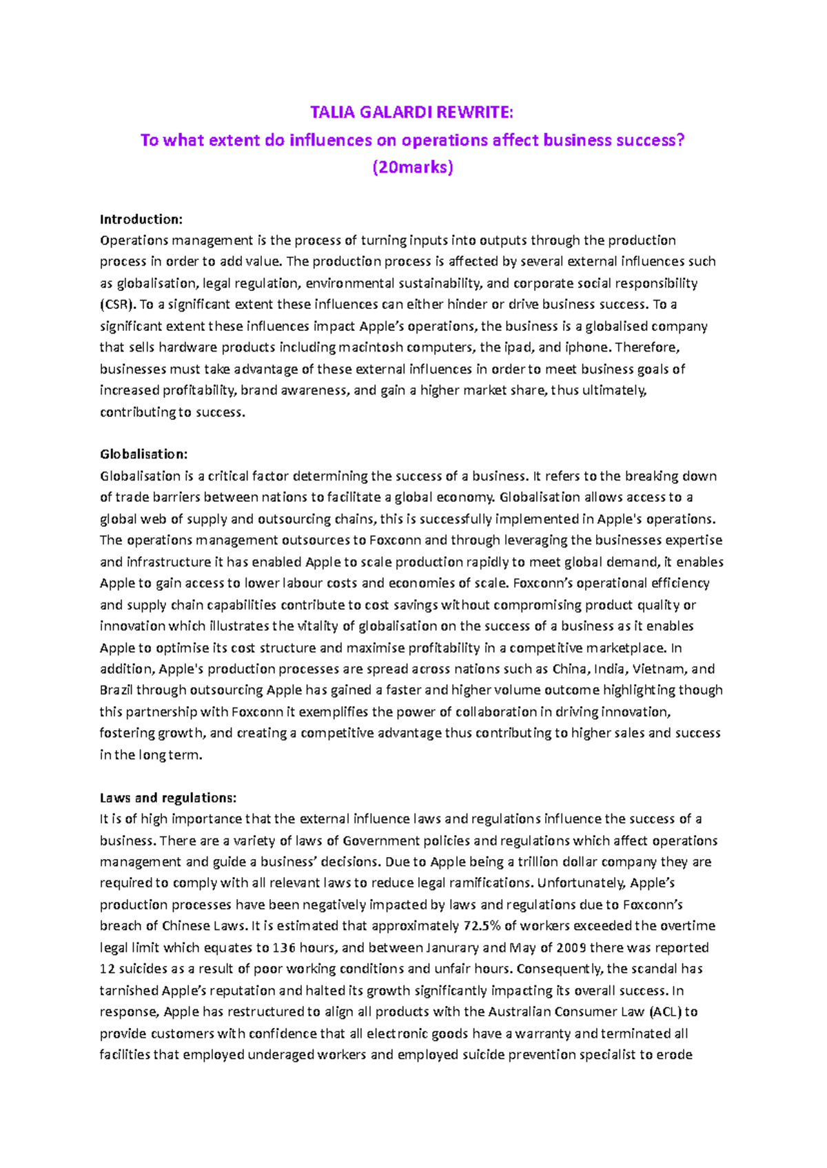 Influences on Operations and Their Impact on Business Success (20 marks ...