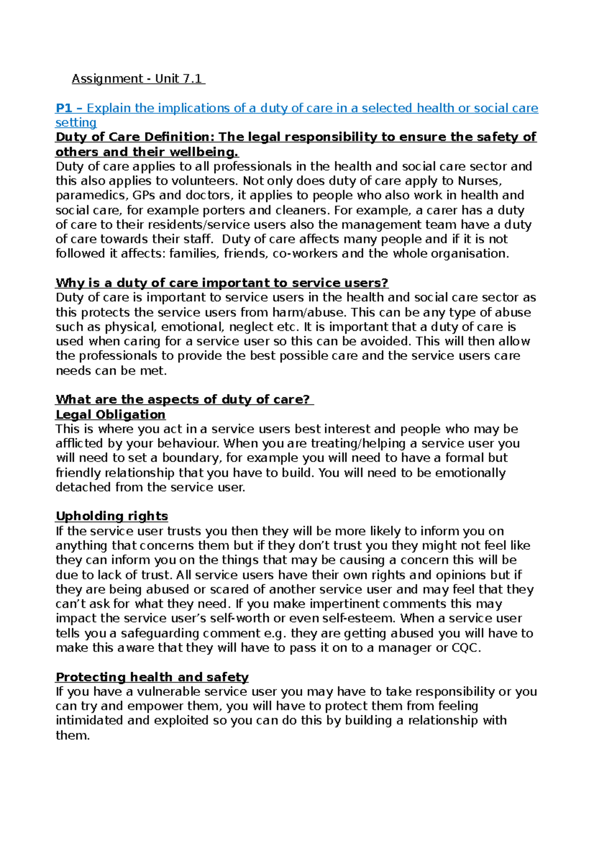 Duty of Care in Health and Social Care: Assignment - Unit 7 Insights ...
