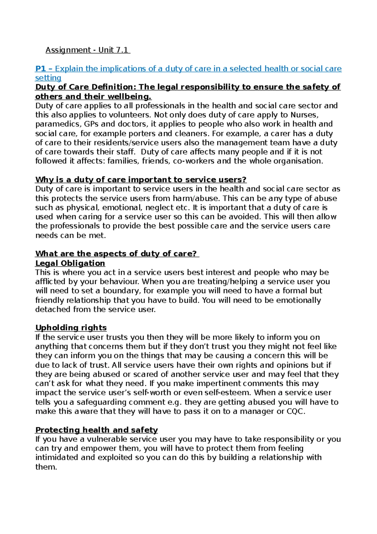 Assignment - Unit 7 - P1 – Explain the implications of a duty of care ...