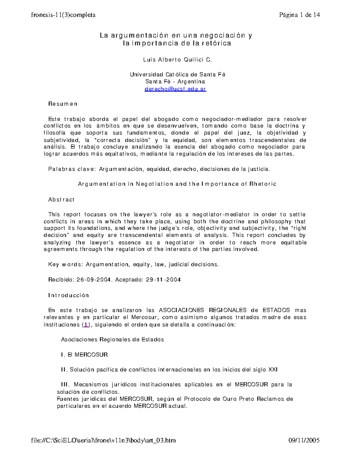 Quilici 2004: La Argumentación y Retórica en la Negociación - Studocu
