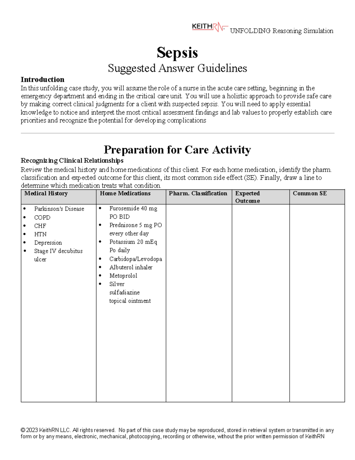 NUR 207 Septic Shock-Unfolding Case Study - © 2023 KeithRN LLC. All rights reserved. No part of ...