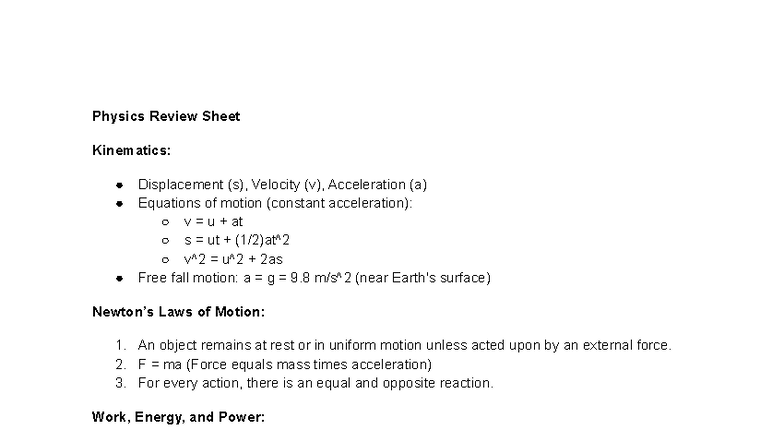 PHYS 101 Final Exam Review Sheet: Kinematics to Thermodynamics - Studocu