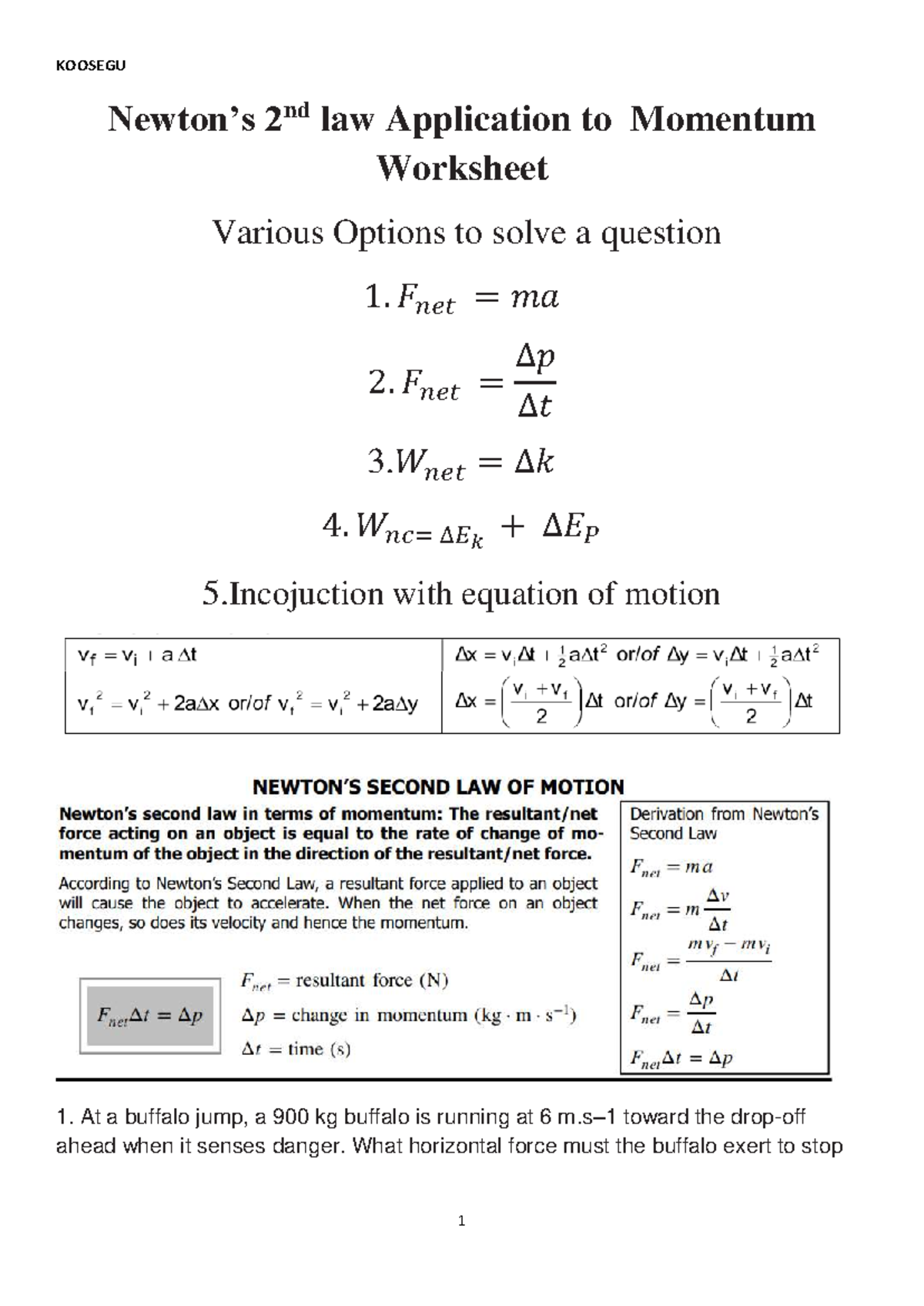 KOOSEGU Newton's 2nd Law Application to Momentum Worksheet - Studocu