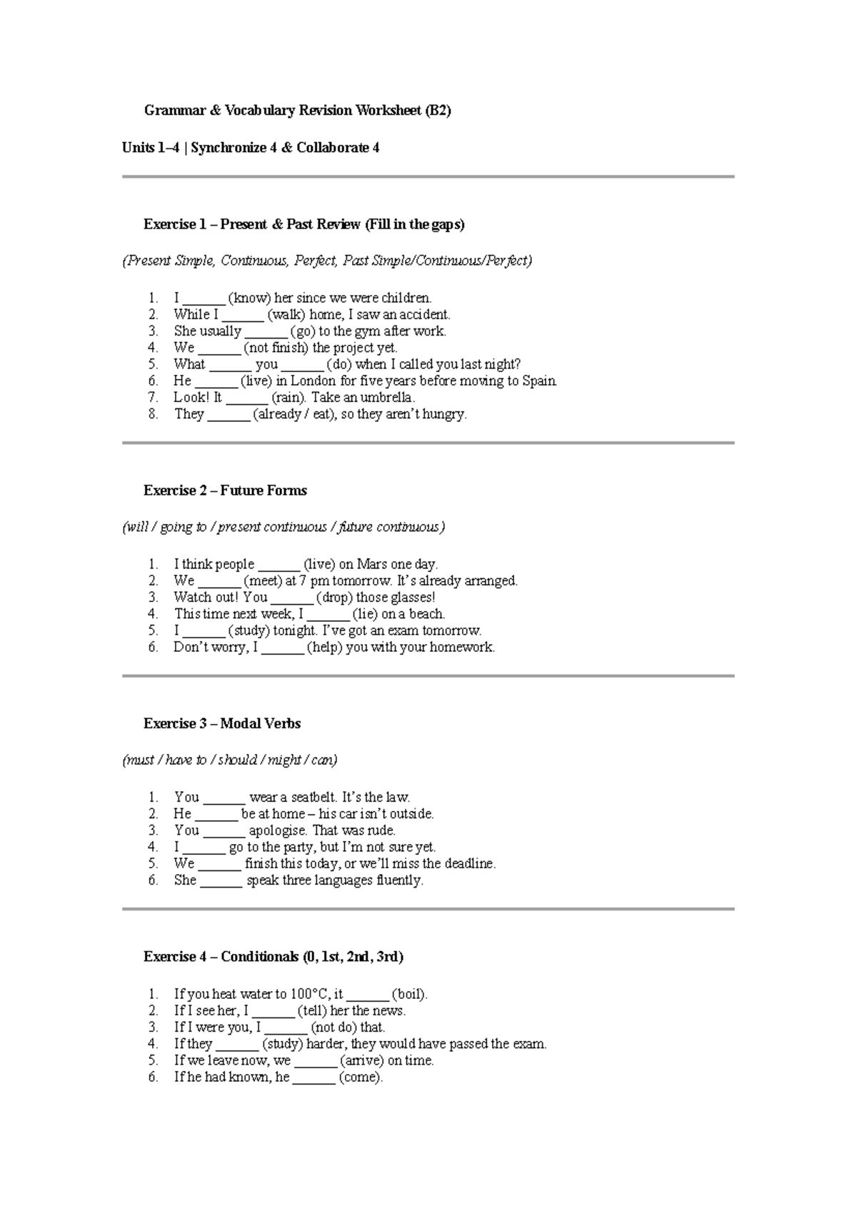 Grammar Vocabulary Revision Worksheet (B2) - Units 4 & 5 Exercises ...