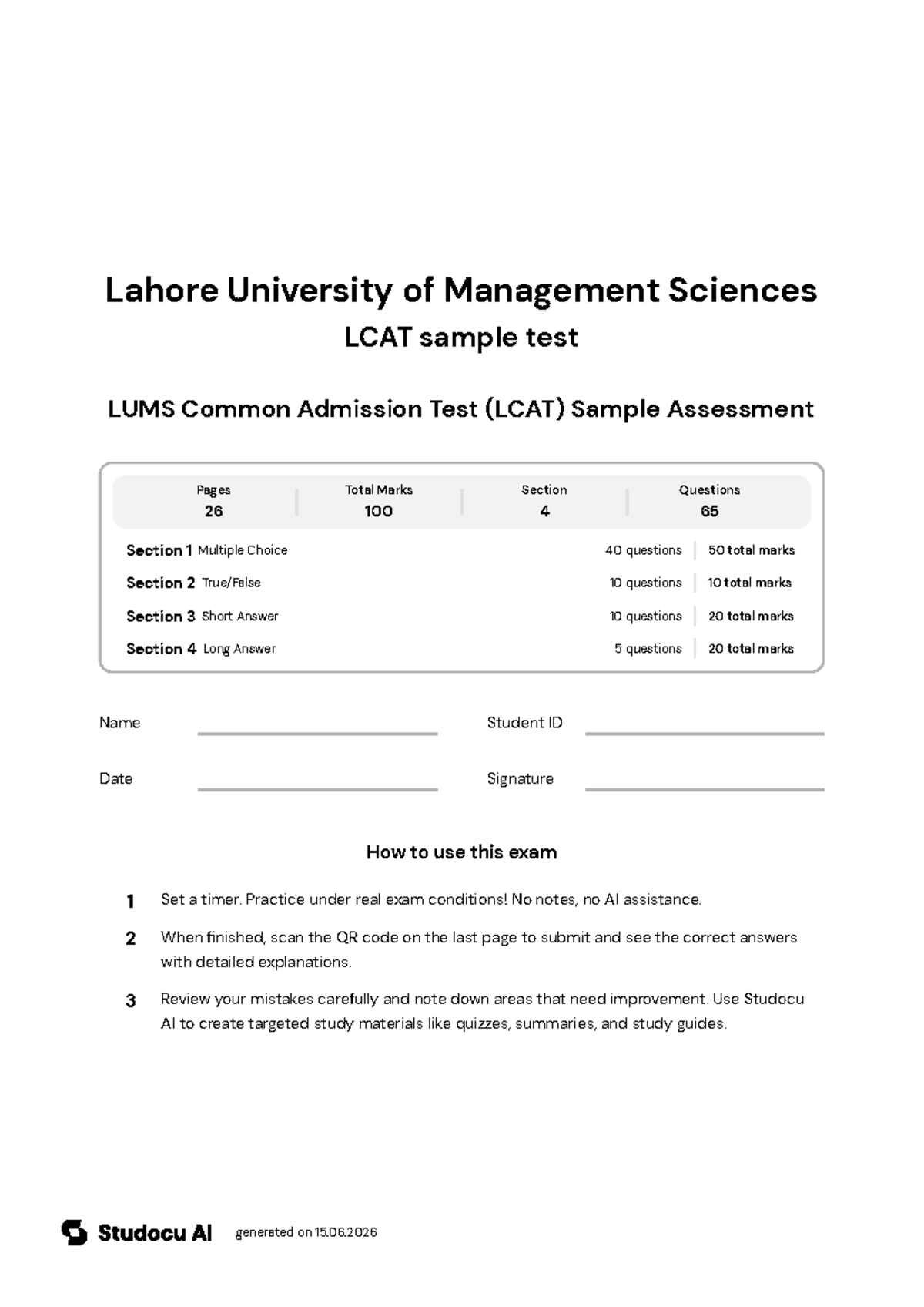 LUMS Common Admission Test (LCAT) Sample Assessment - Studocu