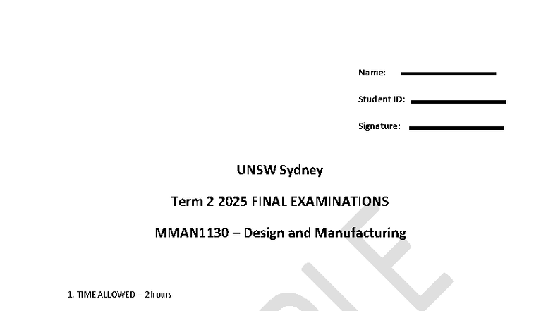 MMAN1130 Final Exam Sample Paper - Design and Manufacturing 1 - Studocu