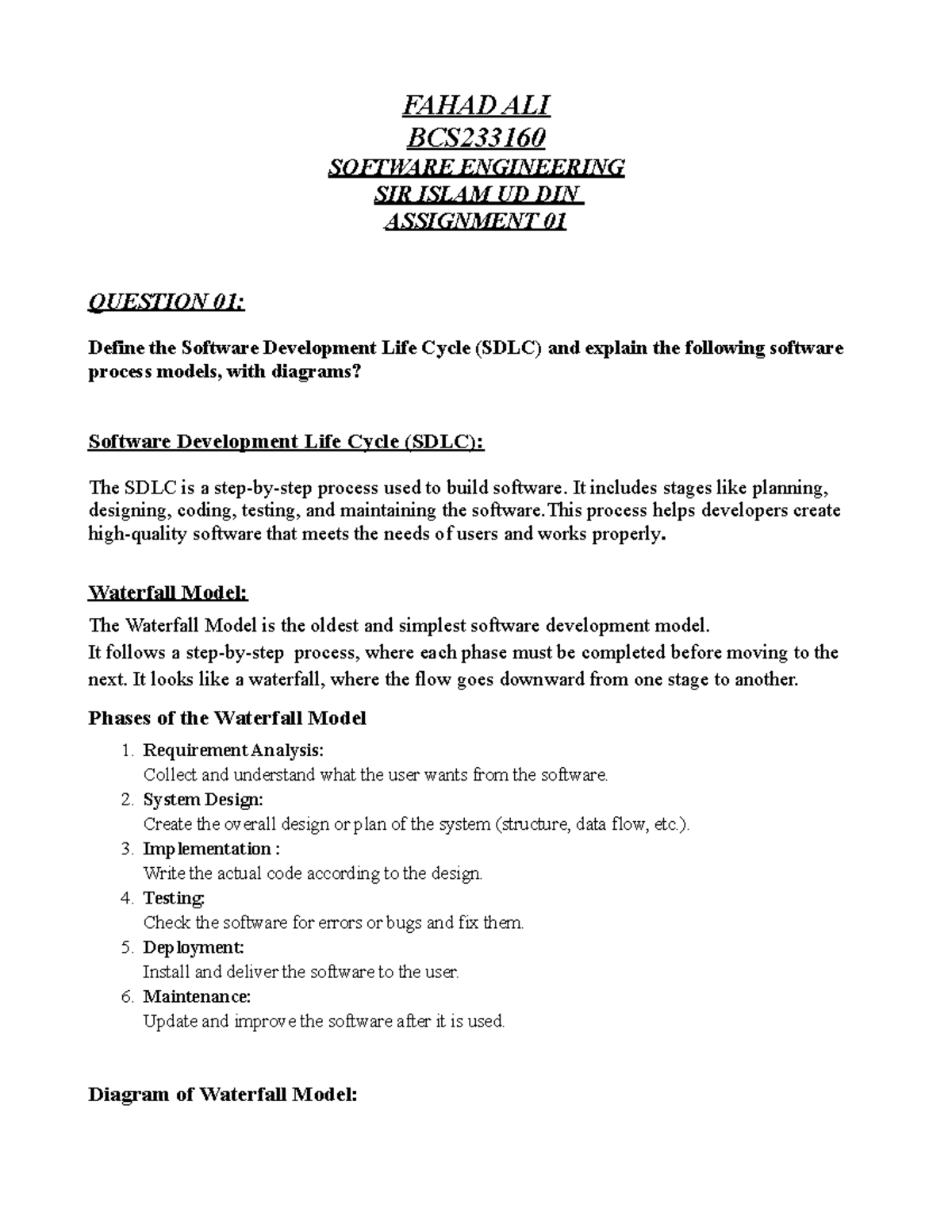 BCS233160 Software Engineering - Assignment 01: SDLC & Models - Studocu