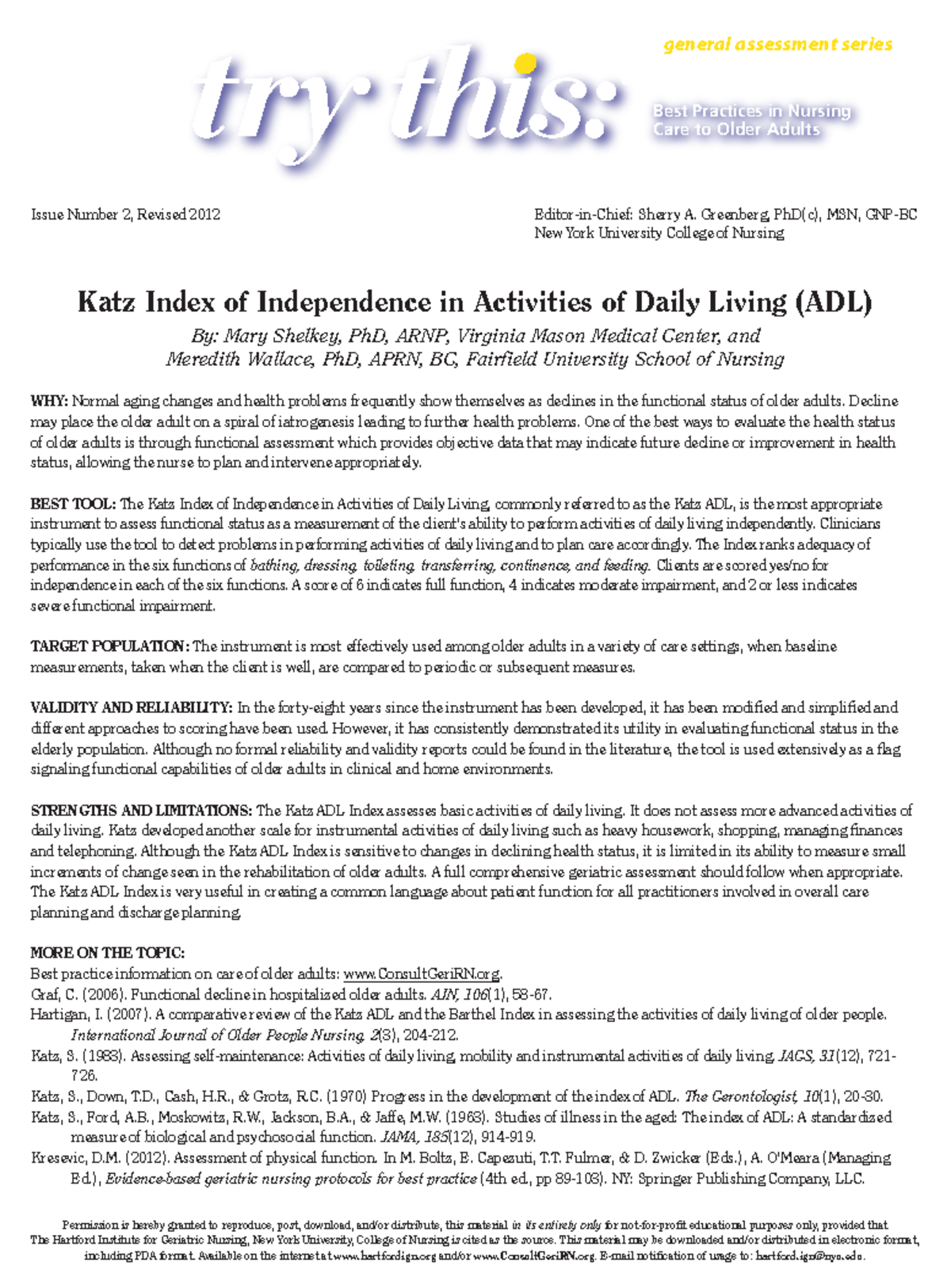 Katz Index of Independence in Activities of Daily Living (ADL) - From ...