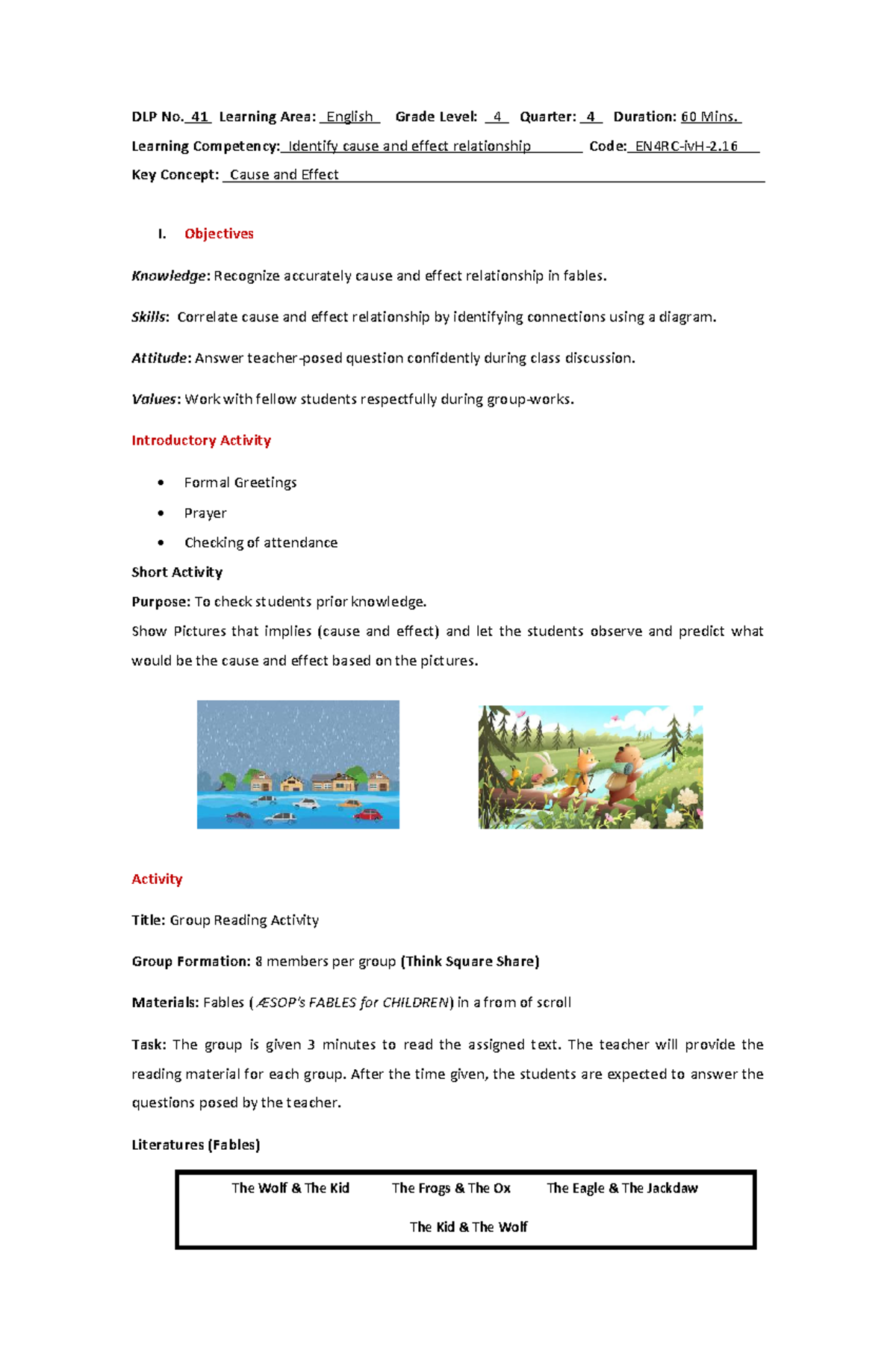DLP No. 41: Cause and Effect Relationships in Fables - Grade 4 Lesson ...
