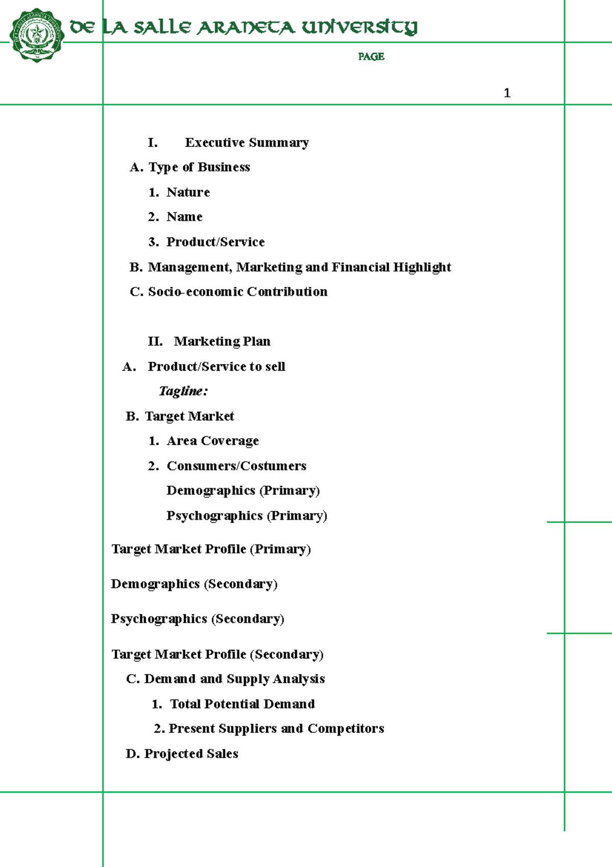 BIDA FORM - BIDA FORM - I. Executive Summary A. Type of Business Nature ...