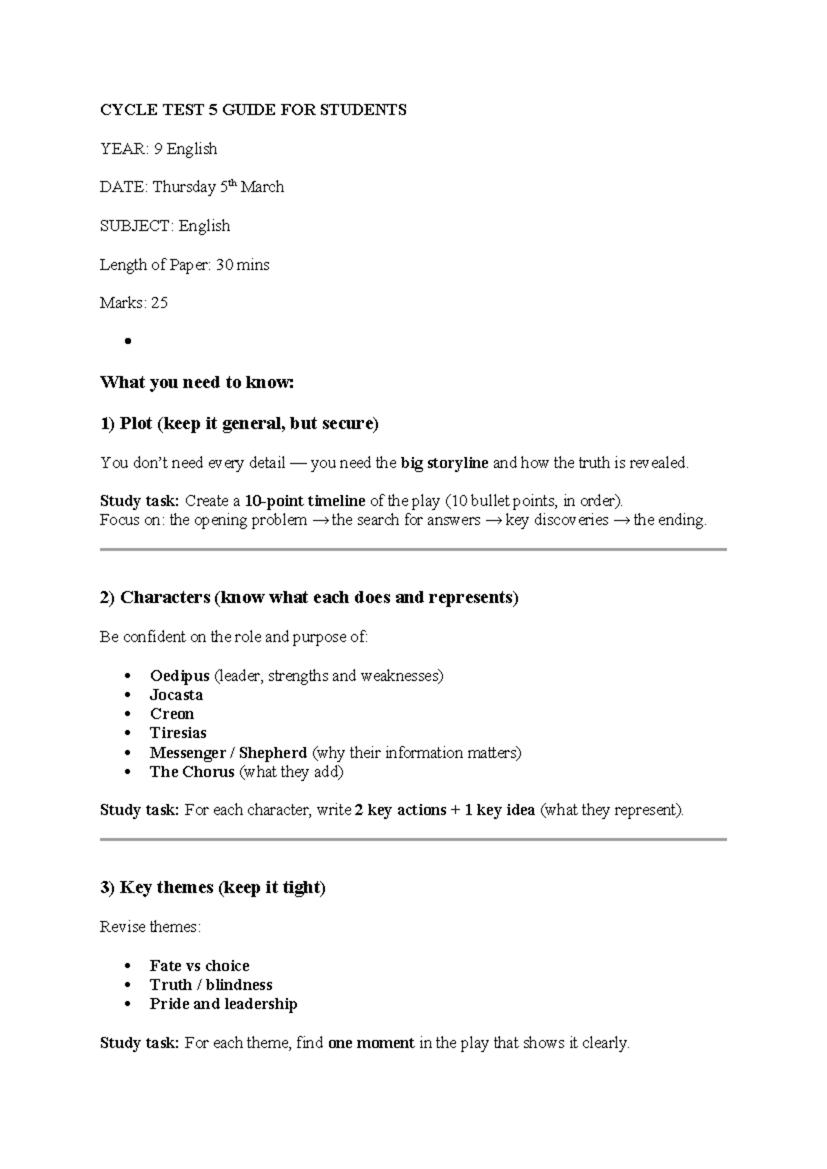 Year 9 English Cycle Test 5 Study Guide: Key Themes & Characters - Studocu