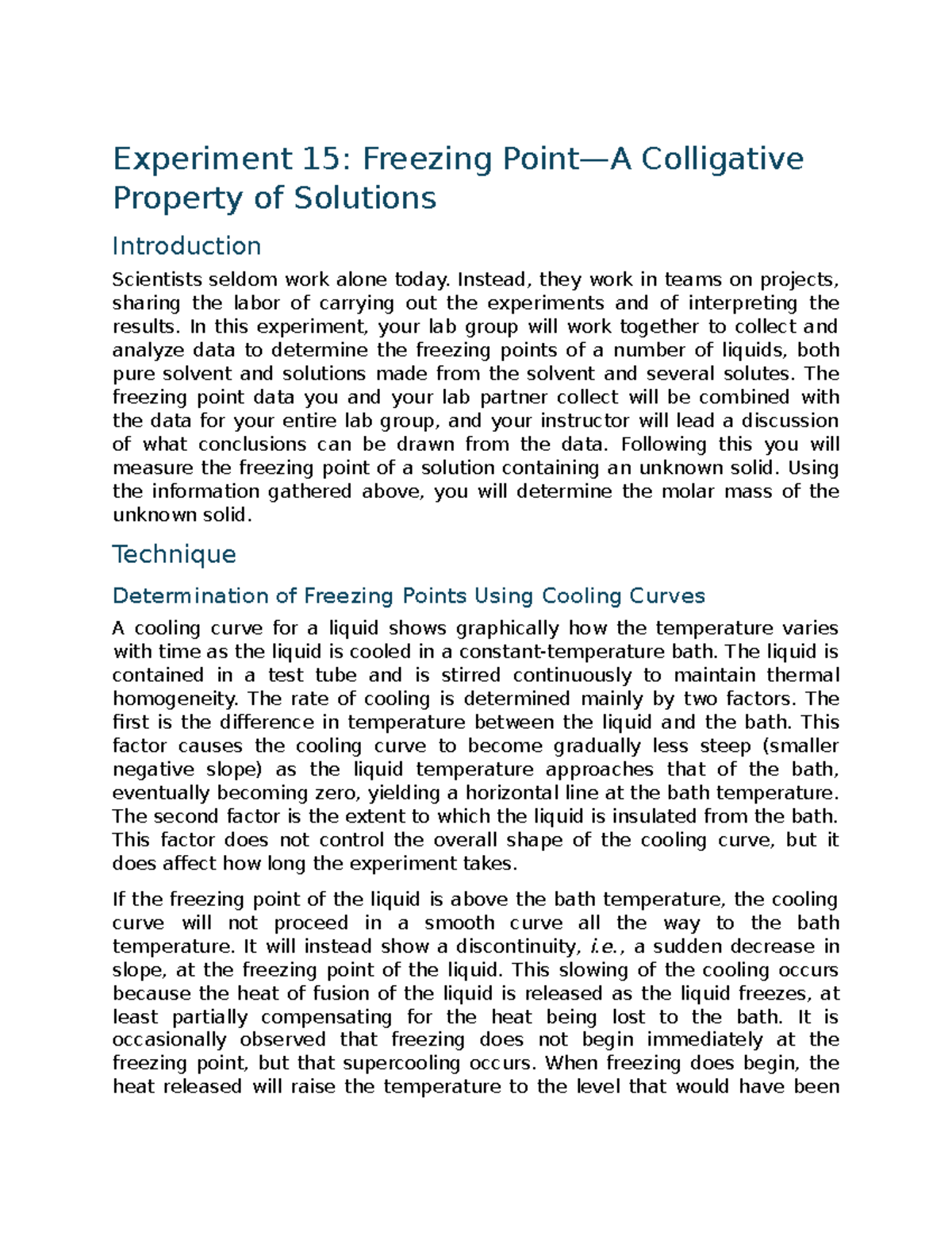 Experiment 15: Freezing Point as a Colligative Property of Solutions ...