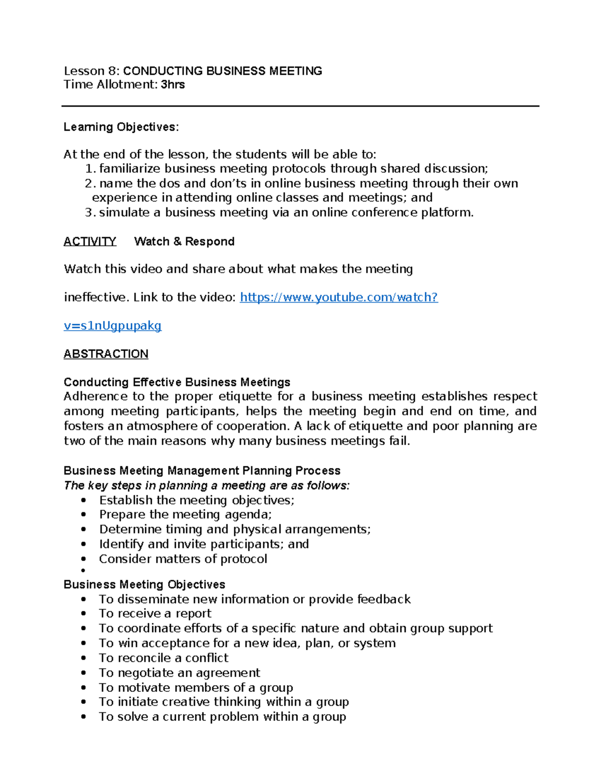 ENG 111 Lesson 8 - Conducting Effective Business Meetings - Studocu
